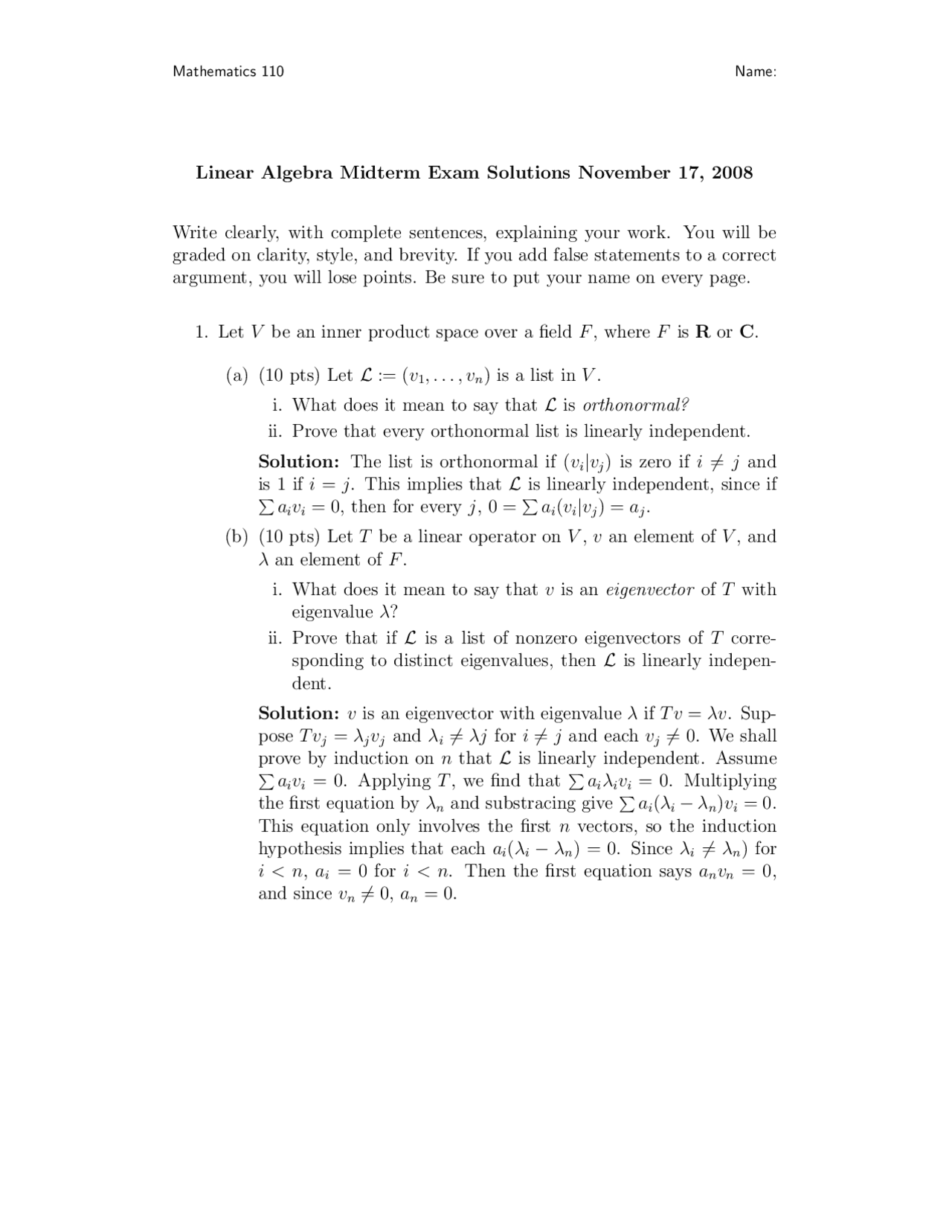 Midterm Exam Solutions Linear Algebra Math 110 Docsity