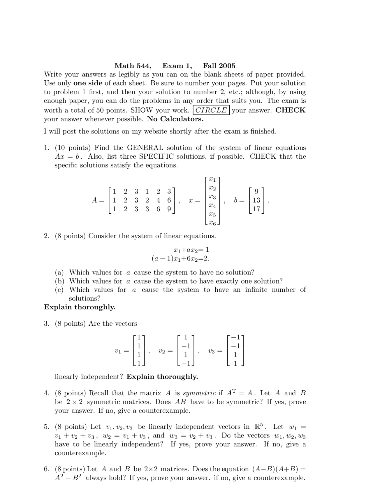 6 Problems Exam 1 Linear Algebra Math 544 Docsity