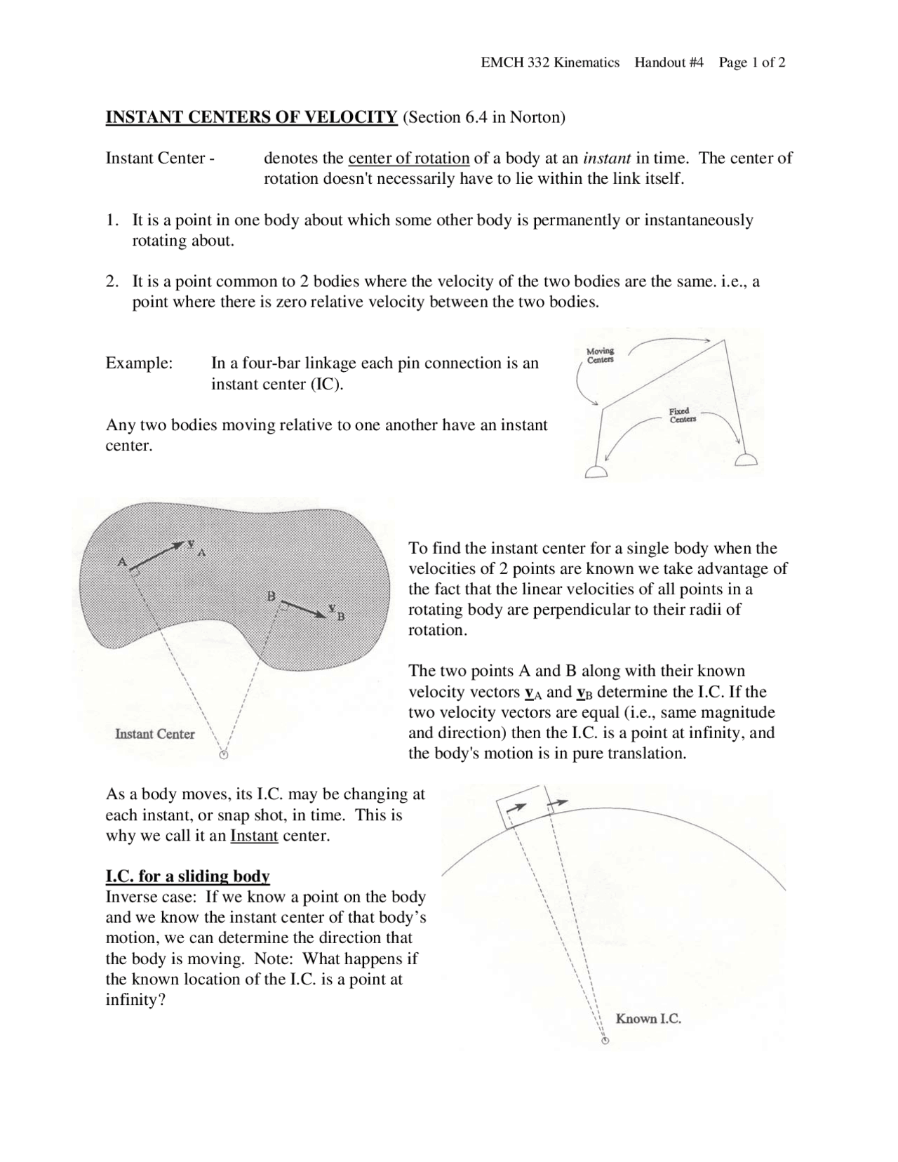 Instant Centers of Velocity - Handout #4 - Kinematics | EMCH 332 - Docsity