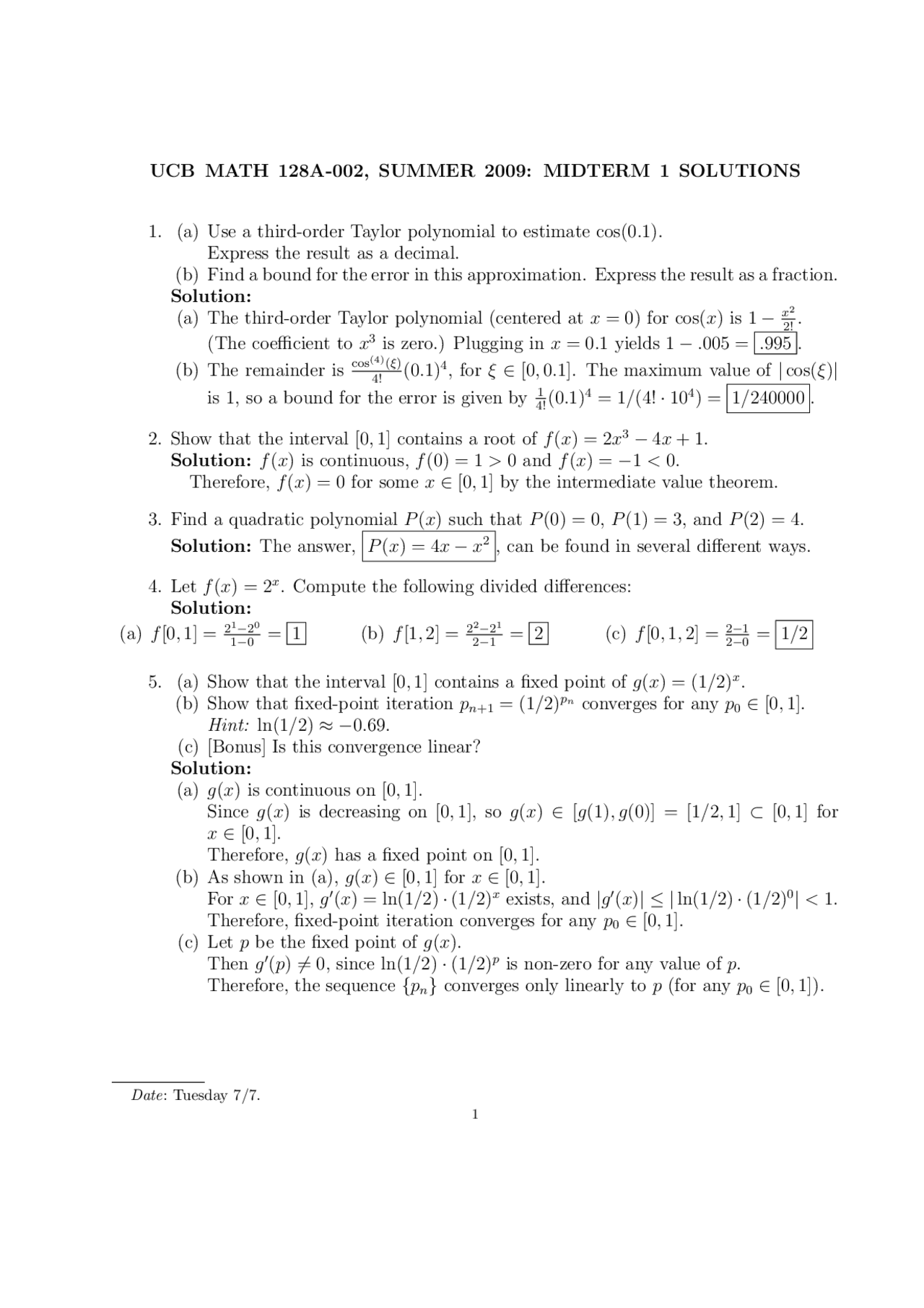 Numerical Analysis Midterm Exam 1 Solutions Math 128a Docsity
