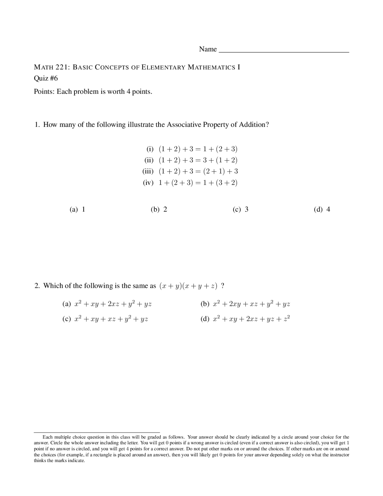 2 Questions For Quiz 6 Basic Concepts Of Elementary Mathematics I