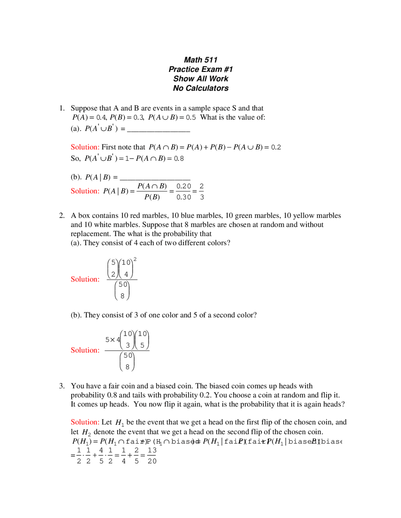 10 Questions on Probability - Solved Practice Exam 1 | MATH 511 - Docsity