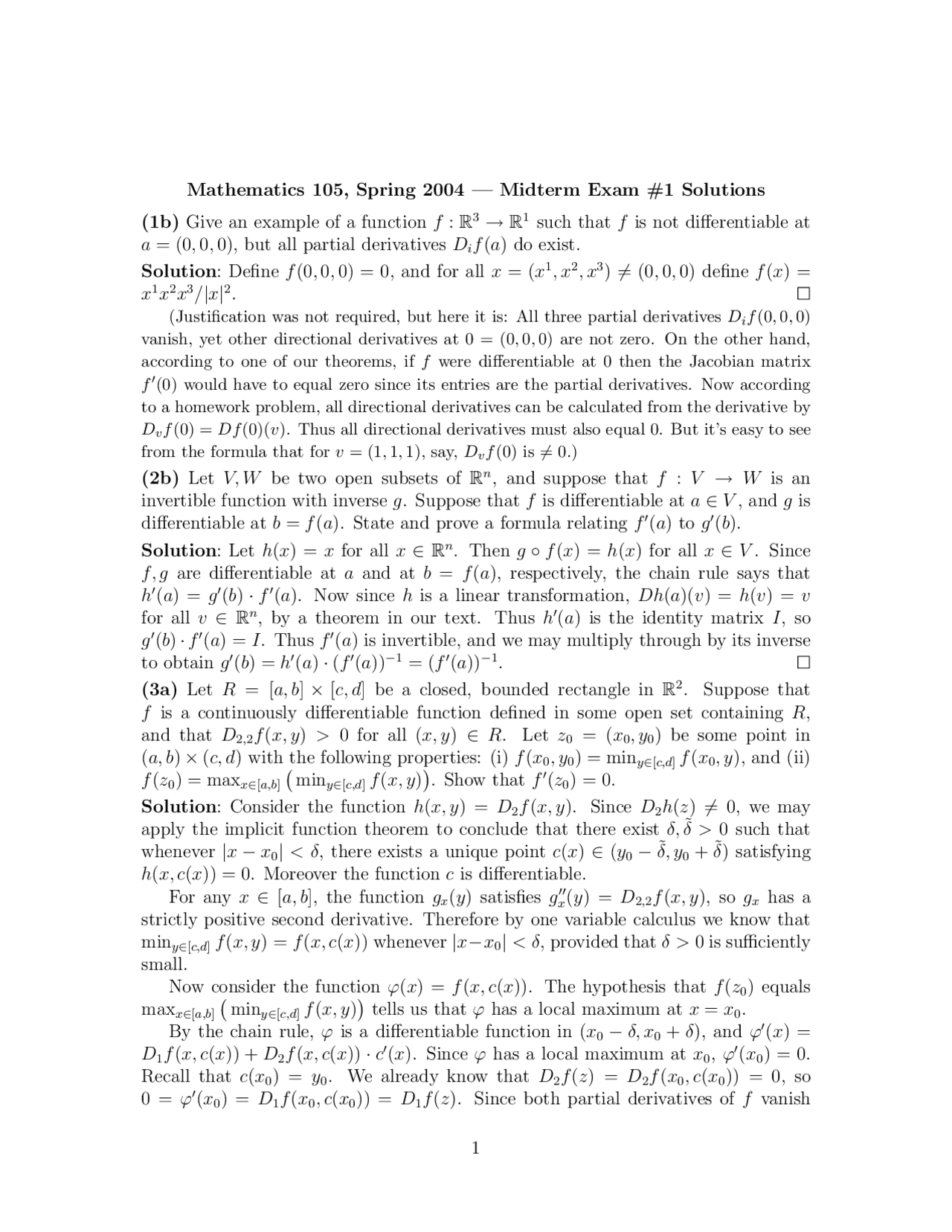 Midterm Exam 1 Solutions For Analysis Ii Math 105 Docsity