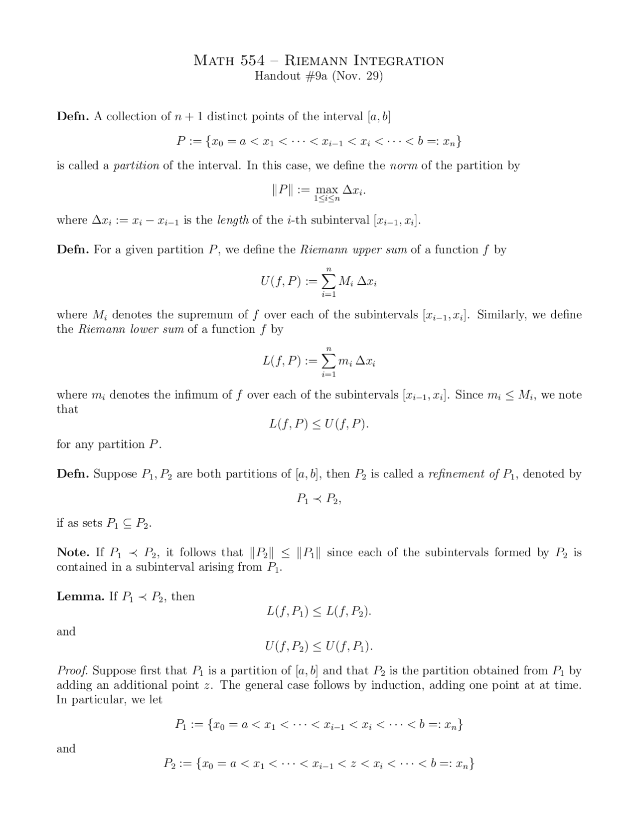 Riemann Integration - Analysis I - Lecture Notes | MATH 554 - Docsity