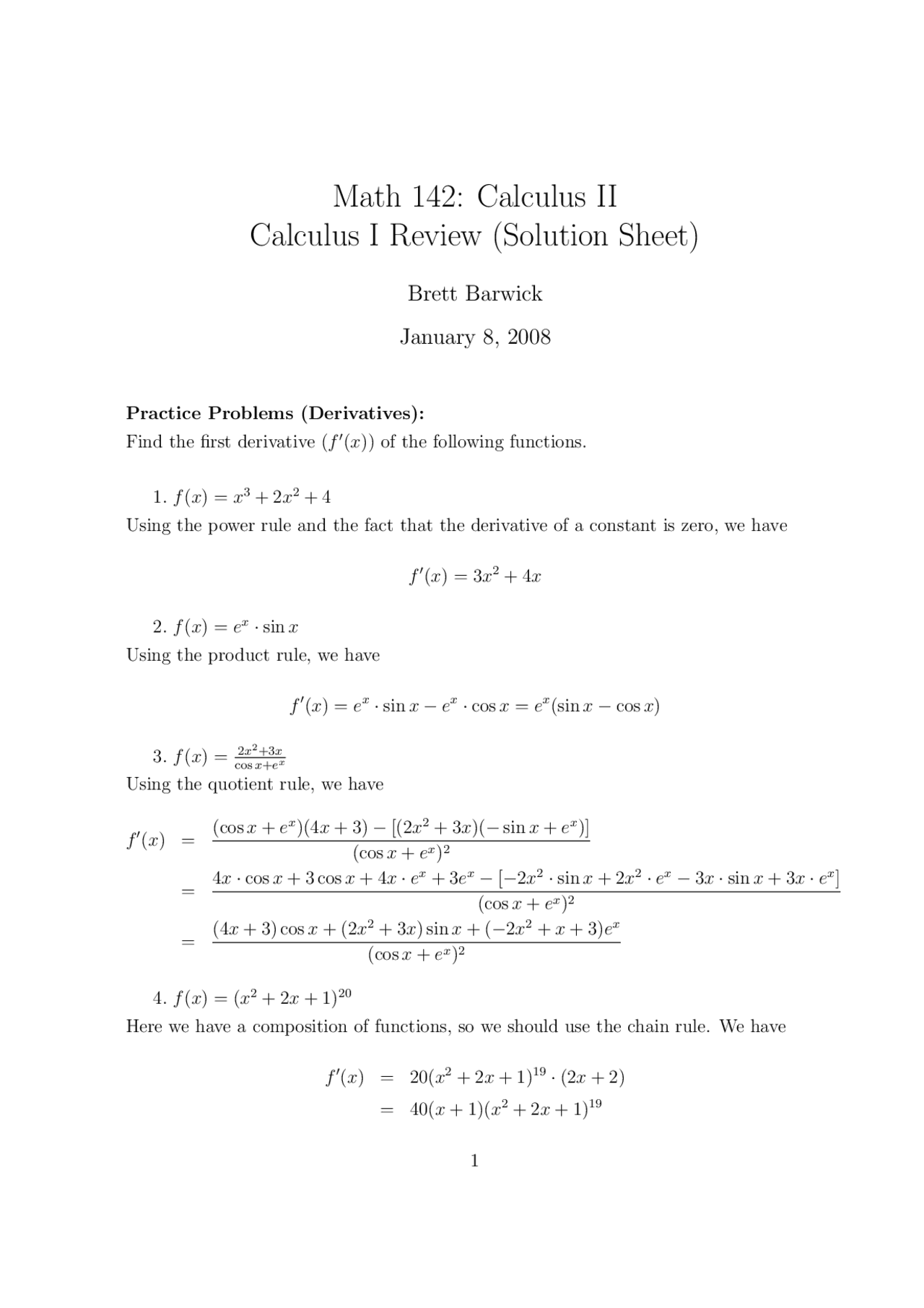 Calculus I Review - Solutions Sheet | MATH 142 - Docsity