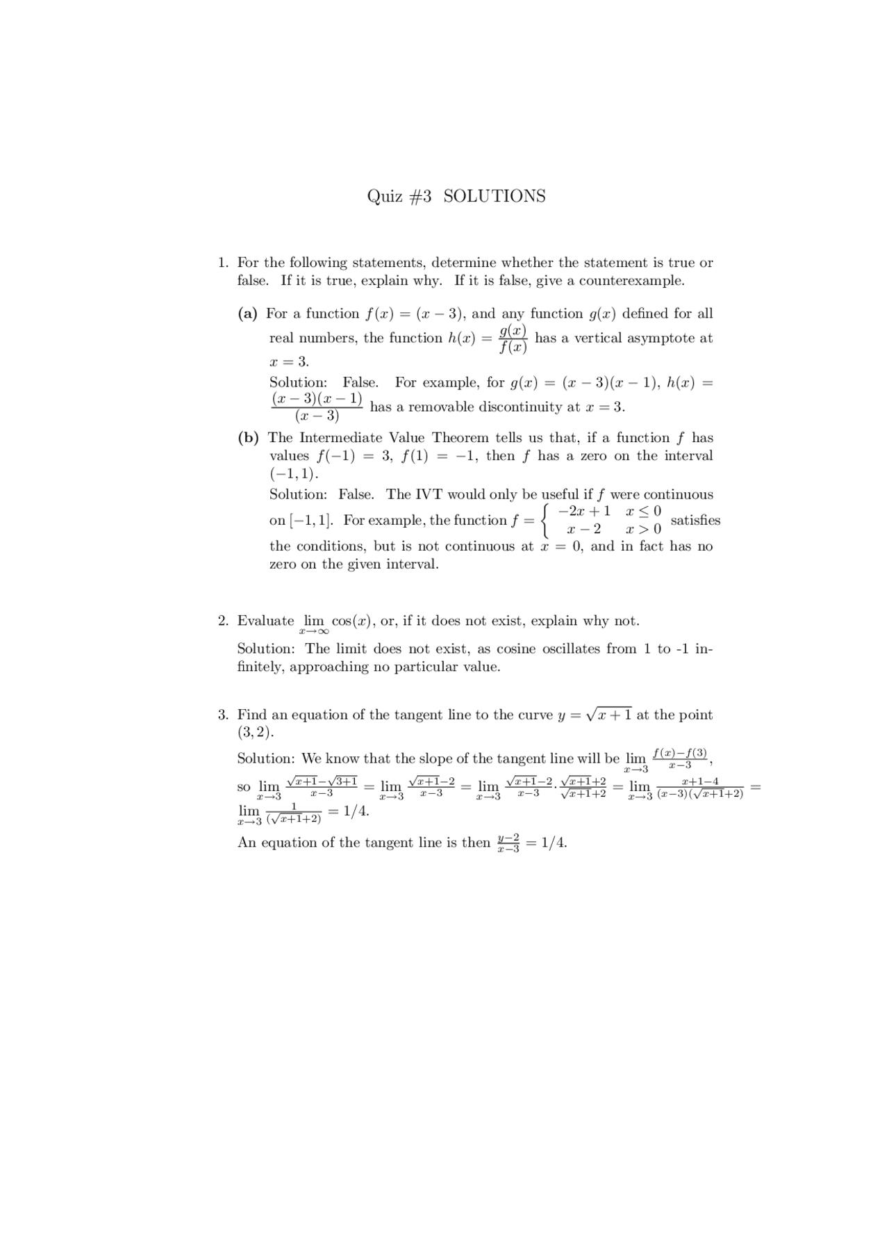 Solution Of 3 Problems On Calculus Quiz 3 Math 1a Quizzes