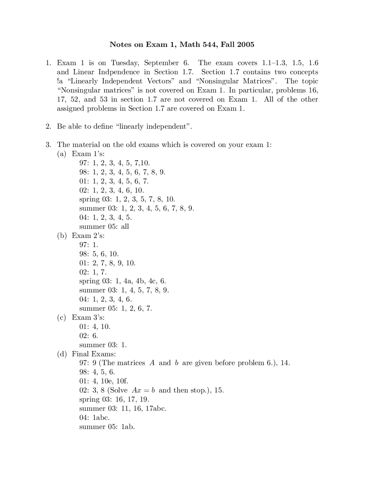 Notes On Exam 1 Linear Algebra Math 544 Docsity