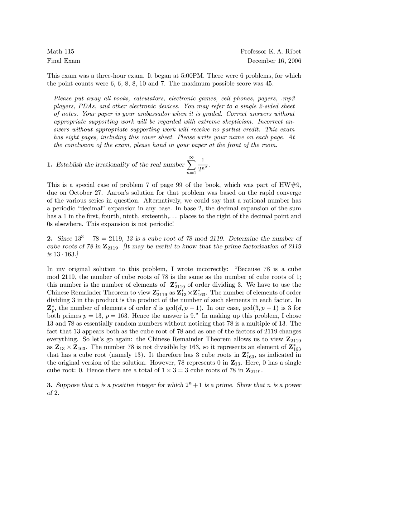 Math 115 Final Exam by Professor K. A. Ribet, December 16, 2006 | Exams Number Theory | Docsity