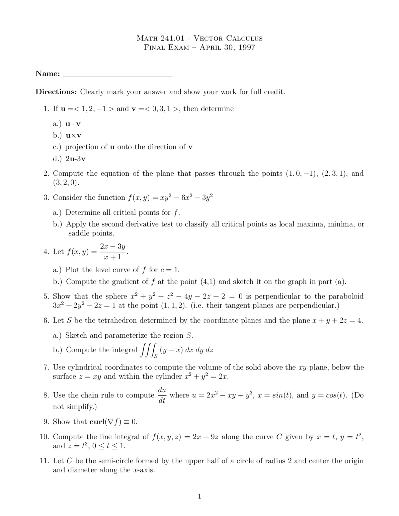 Questions on Vector Calculus for Final Exam | MATH 241 - Docsity