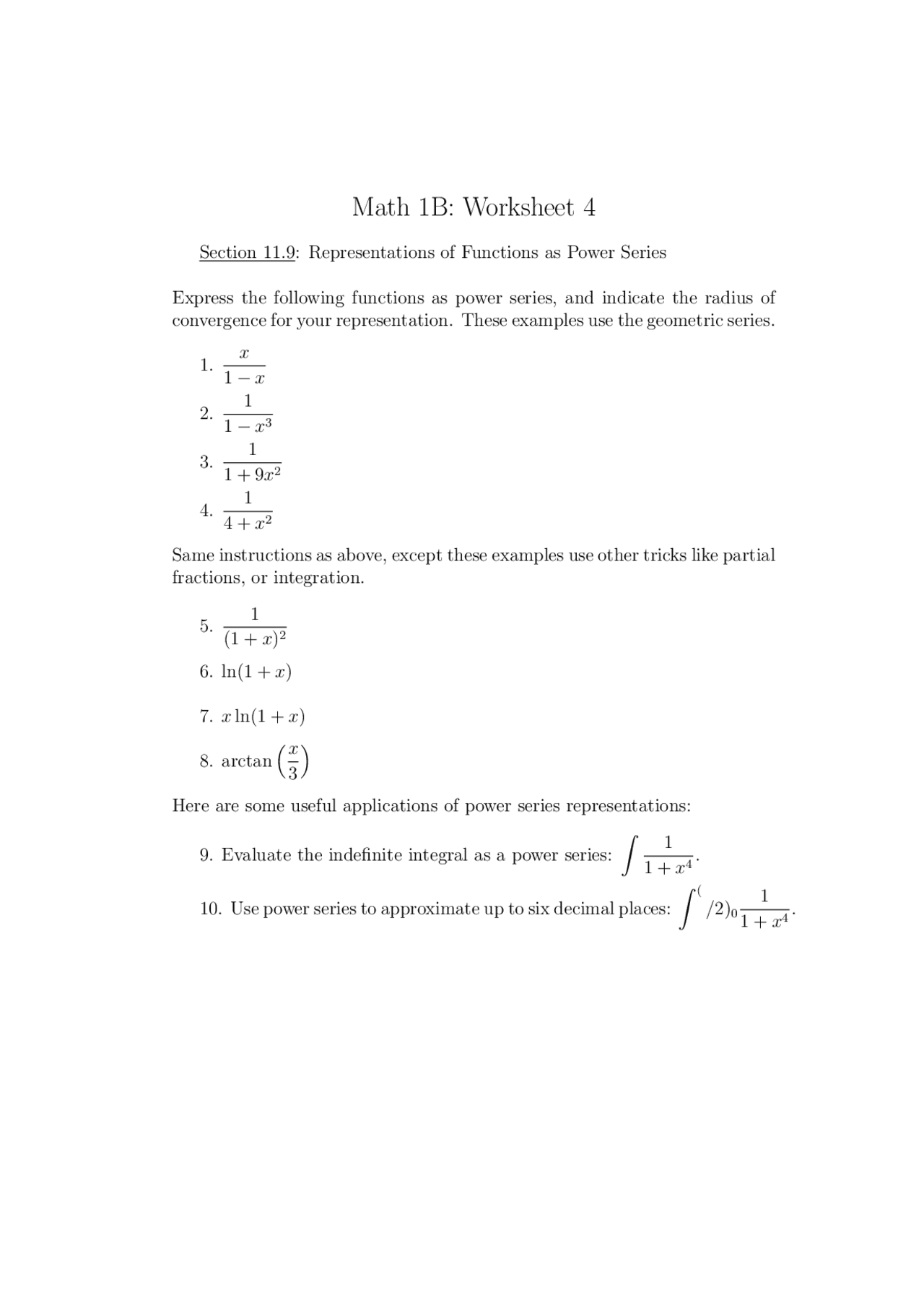 Worksheet 4 For Representations Of Functions As Power Series Math 1b