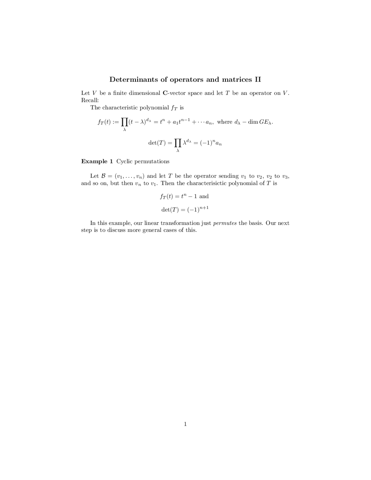 Determinants Of Operators And Matrices Ii Examples Math 110 Docsity