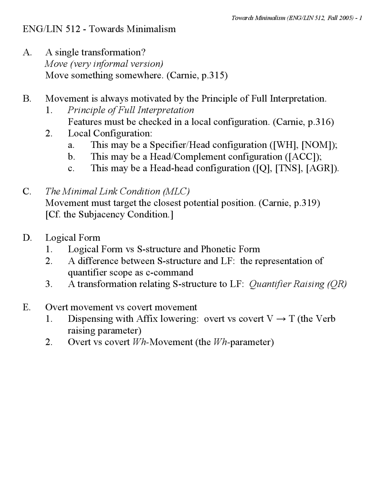 Notes On Towards Minimalism Analysis Of English Syntax Lin 512