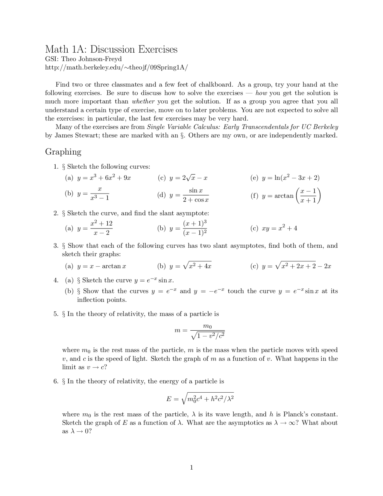 Calculus Discussion Exercises 2009 Math 1a Docsity