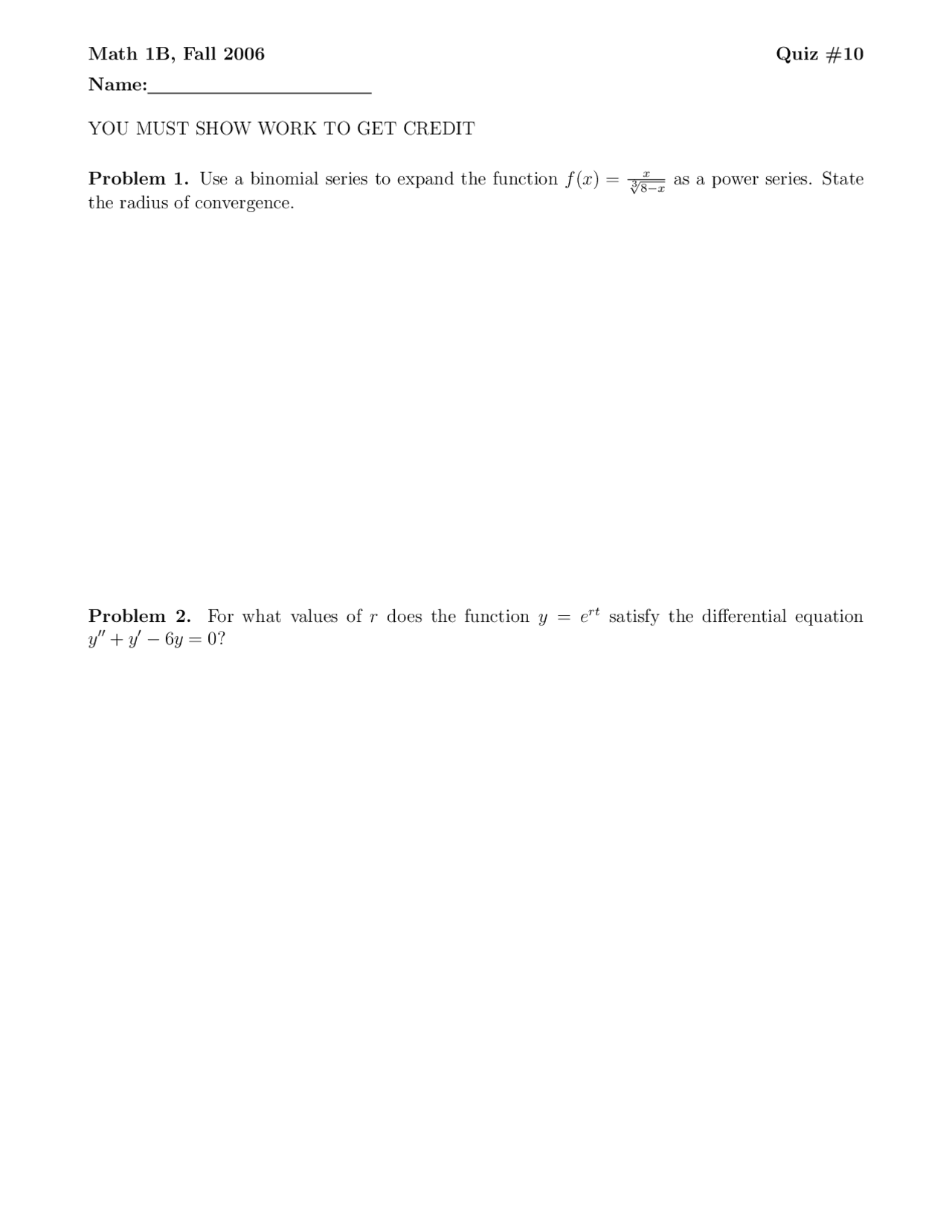 Problems On Calculus Old Quiz 8 Math 1b Docsity