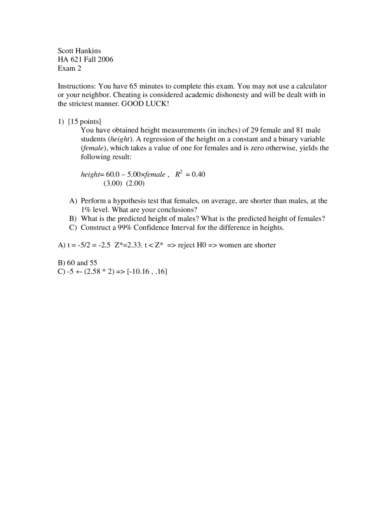 Regression Analysis: Height and Earnings | Exams Management of Health Service | Docsity