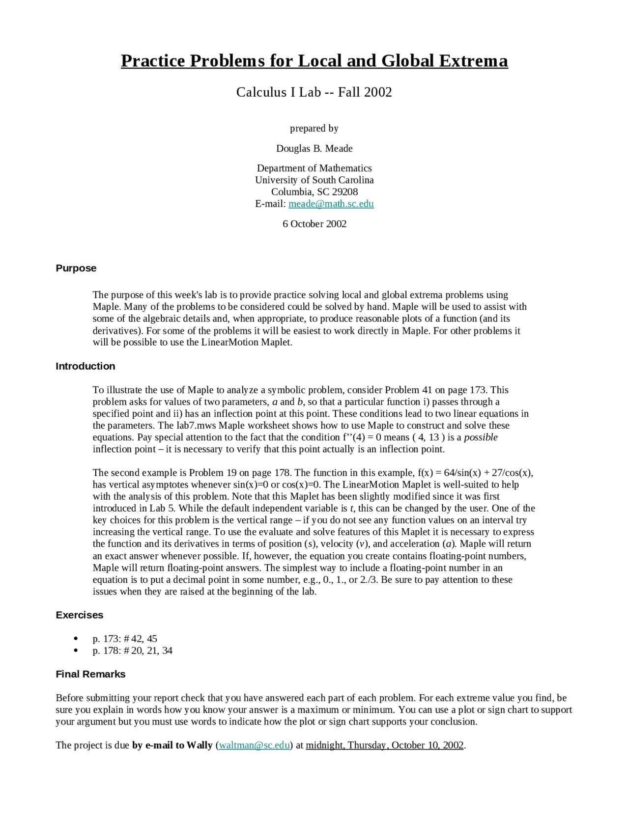 Practice Problems For Local And Global Extrema Math 141 Docsity
