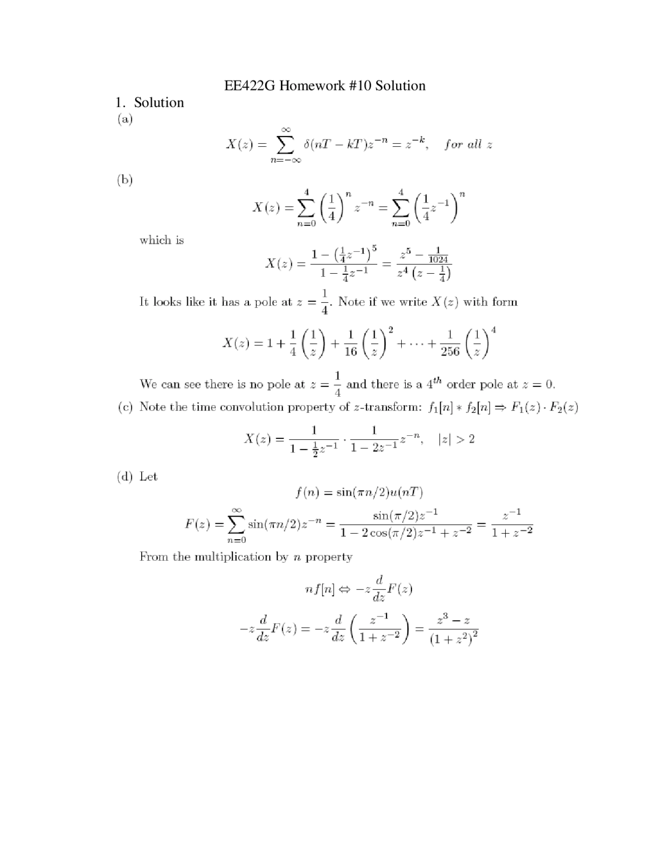 Homework 10 Solutions Signals And Systems Lab Ee 422g Docsity