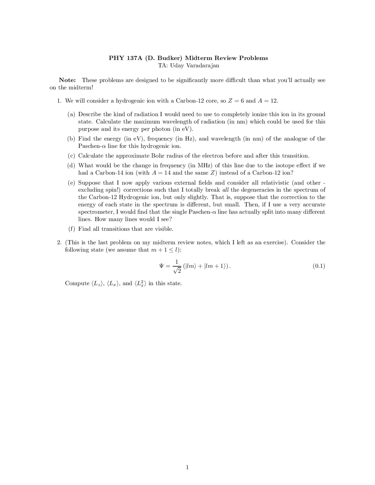Midterm Review Problems - Quantum Mechanics | PHYSICS 137A | Exams Quantum Mechanics | Docsity