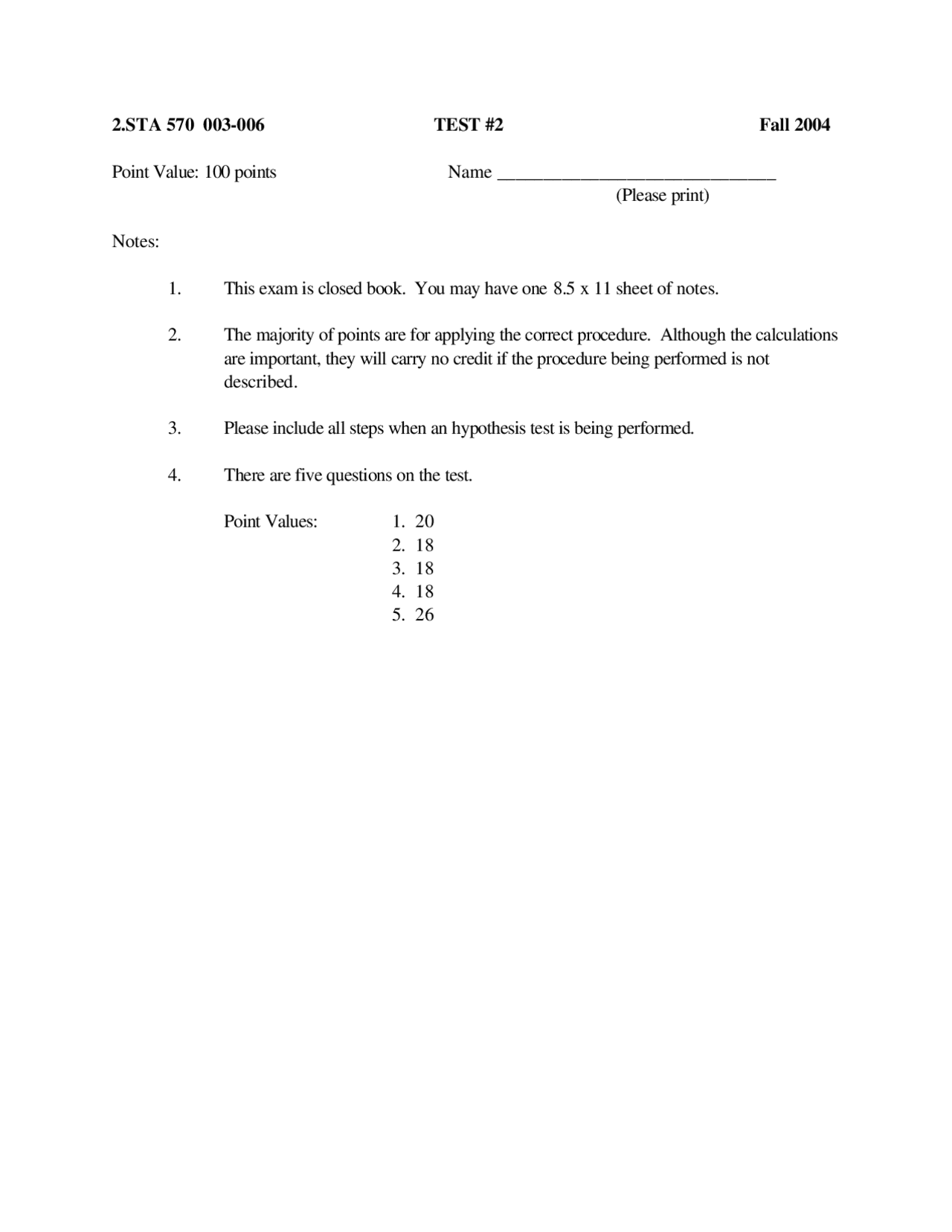 4 Questions In Exam 2 Basic Statistics Analysis Sta 570 Docsity