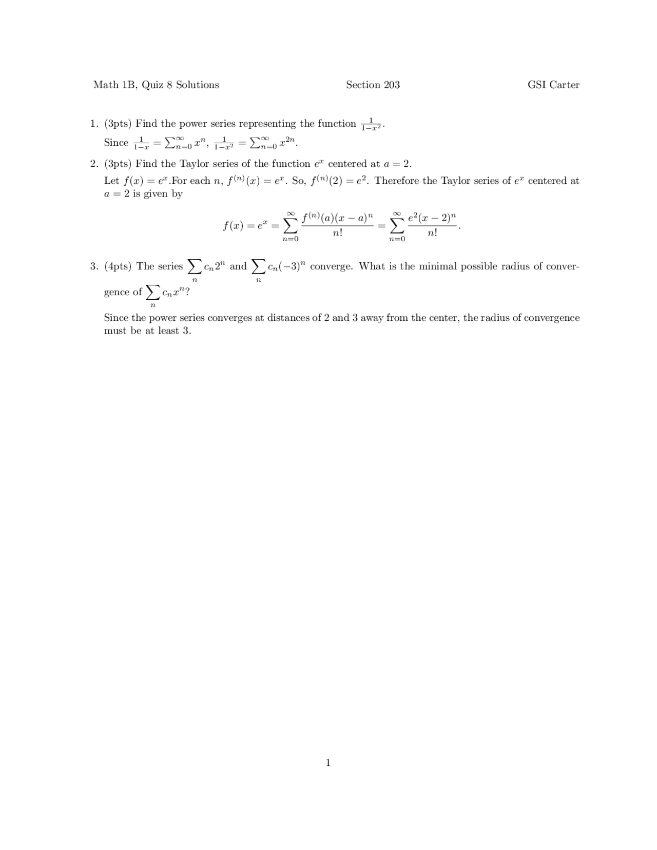 Solved Questions For Calculus Quiz Viii Math 1b Docsity