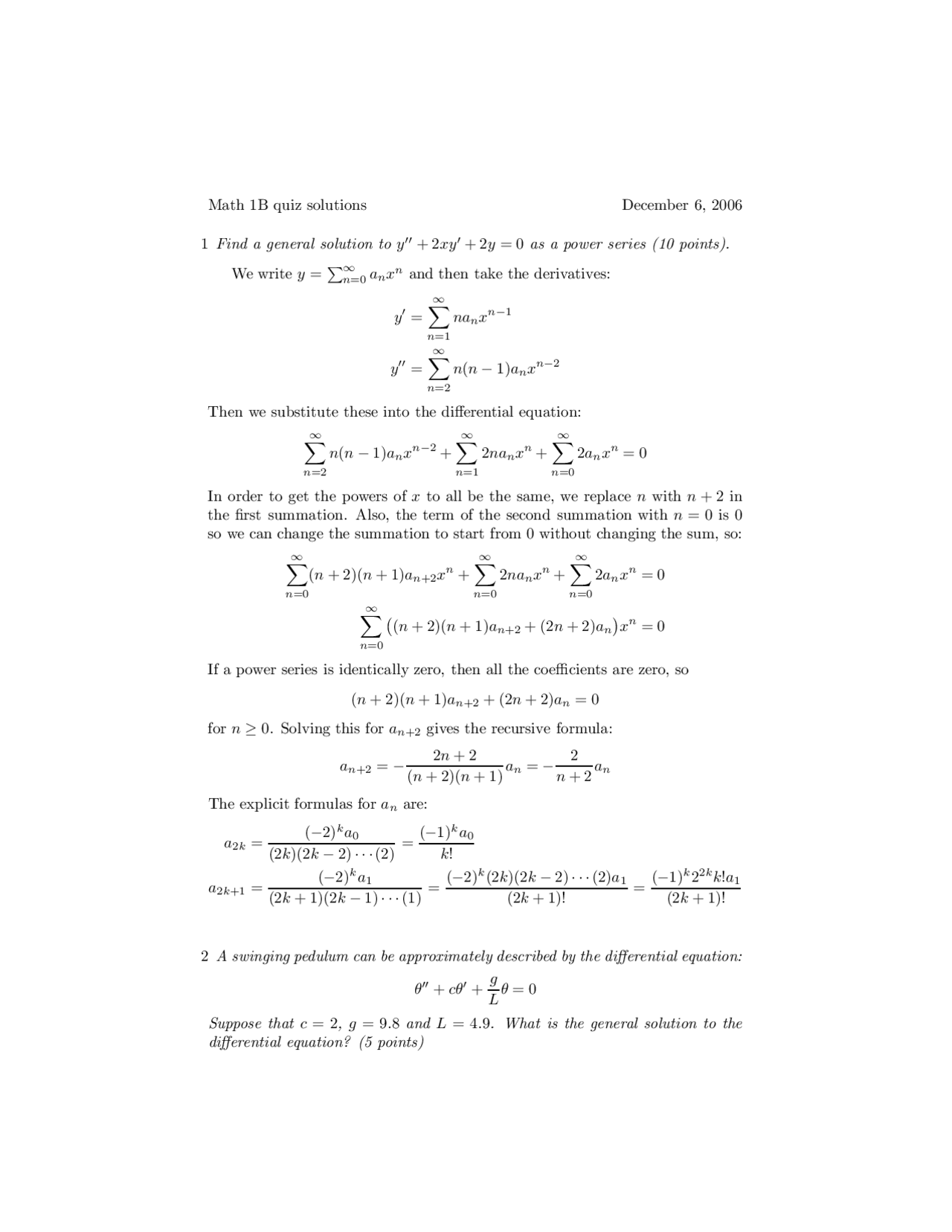 Solutions of 3 Problems - Fall 2006 - Calculus | MATH 1B - Docsity