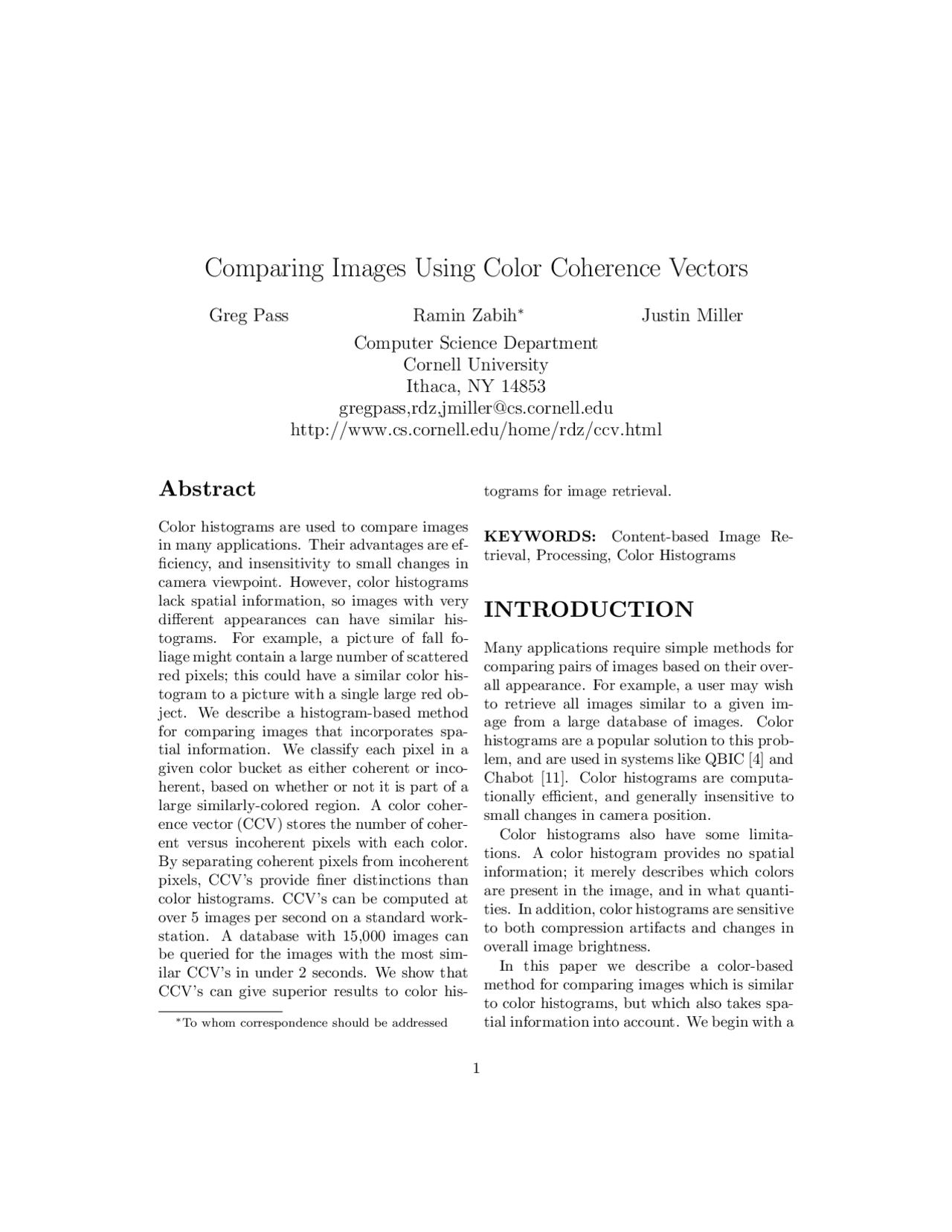 Comparing Images using Color Coherence Vectors - Paper | EE 639 - Docsity