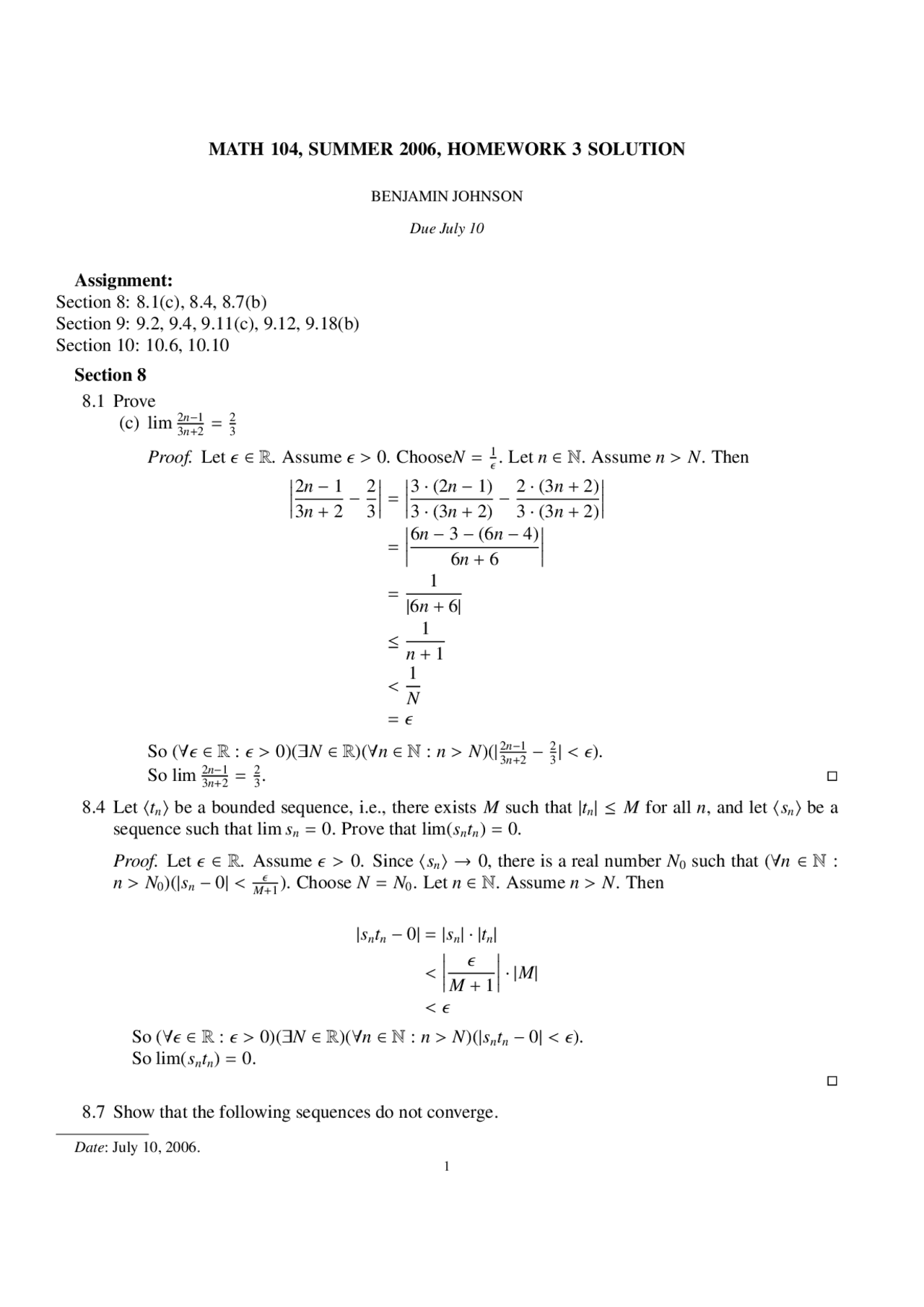 Introduction To Analysis Homework 3 Solutions Math 104 Docsity