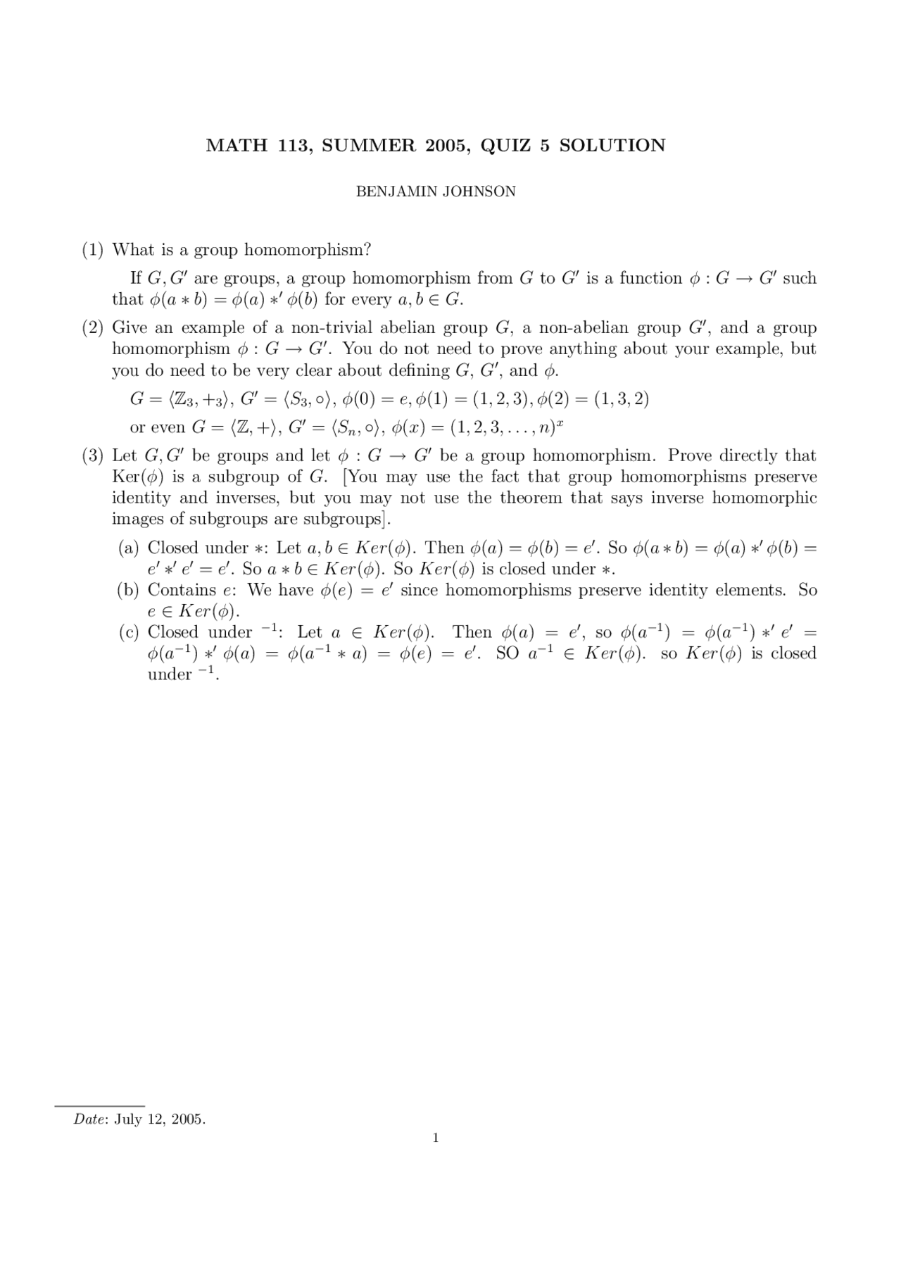 3 Questions Solved For Quiz 5 Introduction To Abstract Algebra Math 113 Docsity