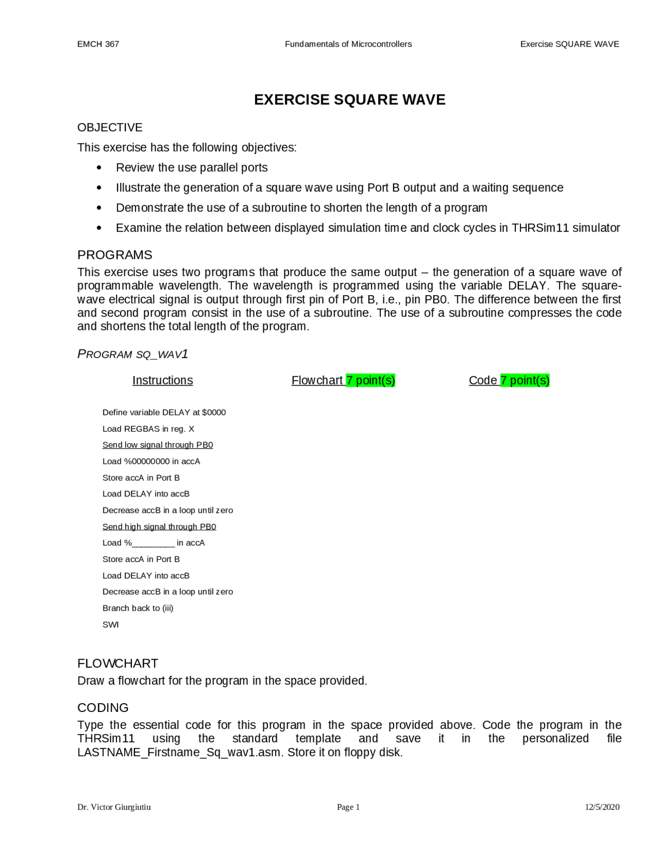 Fundamentals Of Microcontrollers Exercise Square Wave Emch 367 Docsity