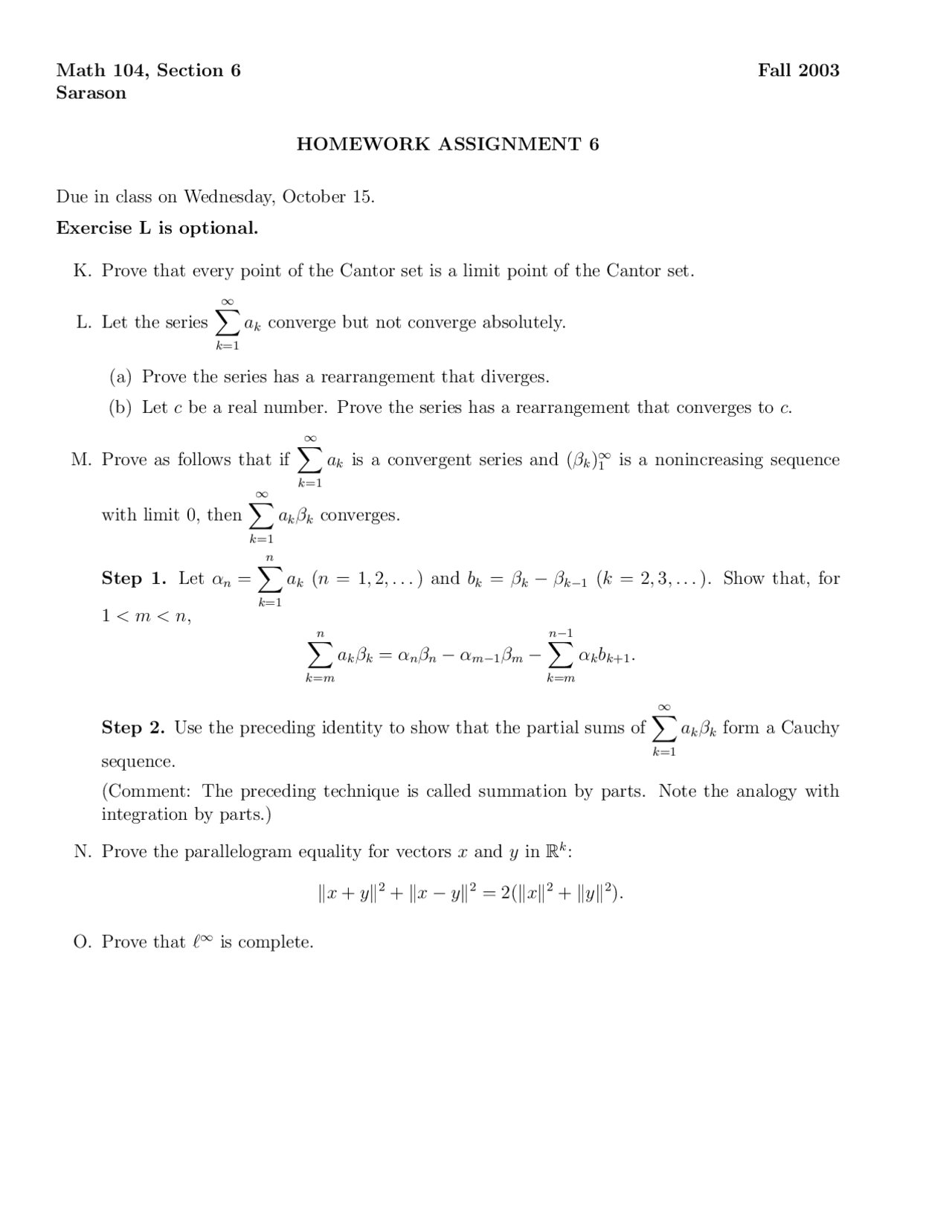 Introduction to Analysis - Homework Assignment 6 | MATH 104 - Docsity