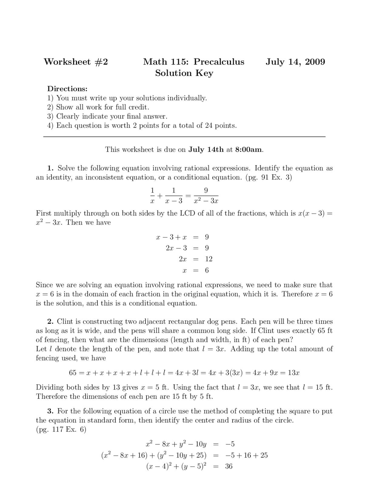 Precalculus Mathematics - Worksheet 2 | MATH 115 - Docsity