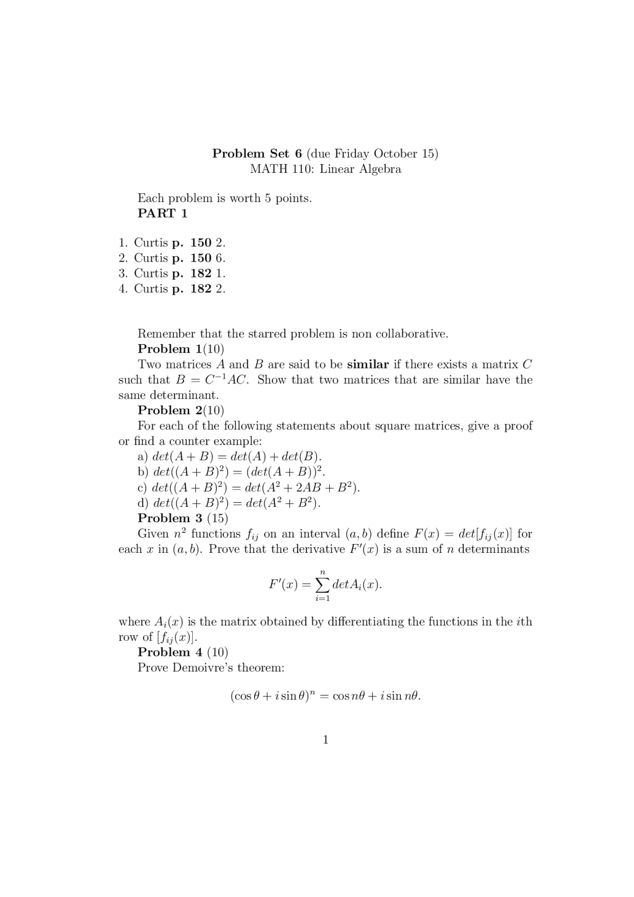 Problem Set 6 with 4 Problems on Linear Algebra | MATH 110 - Docsity