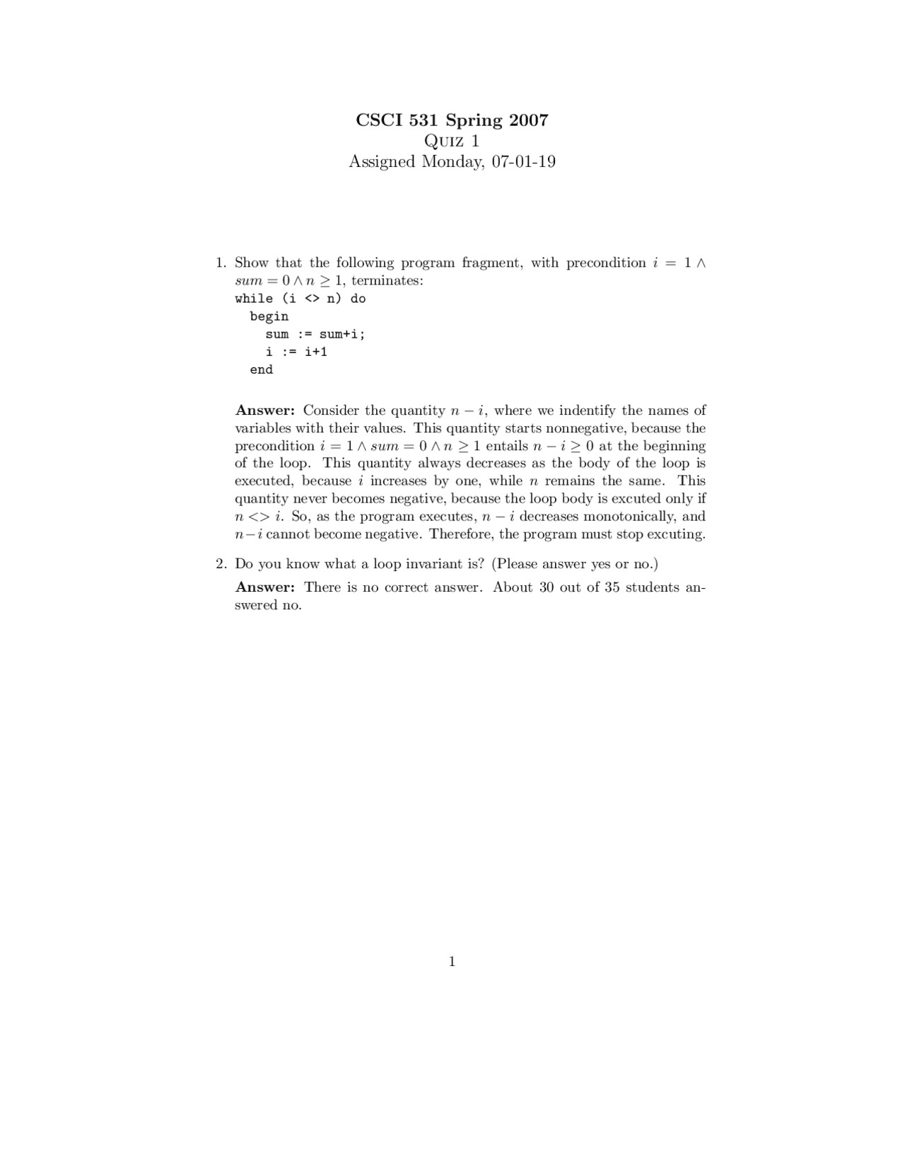 What Is Loop Invariant Quiz 1 With Answers Csce 531 Docsity