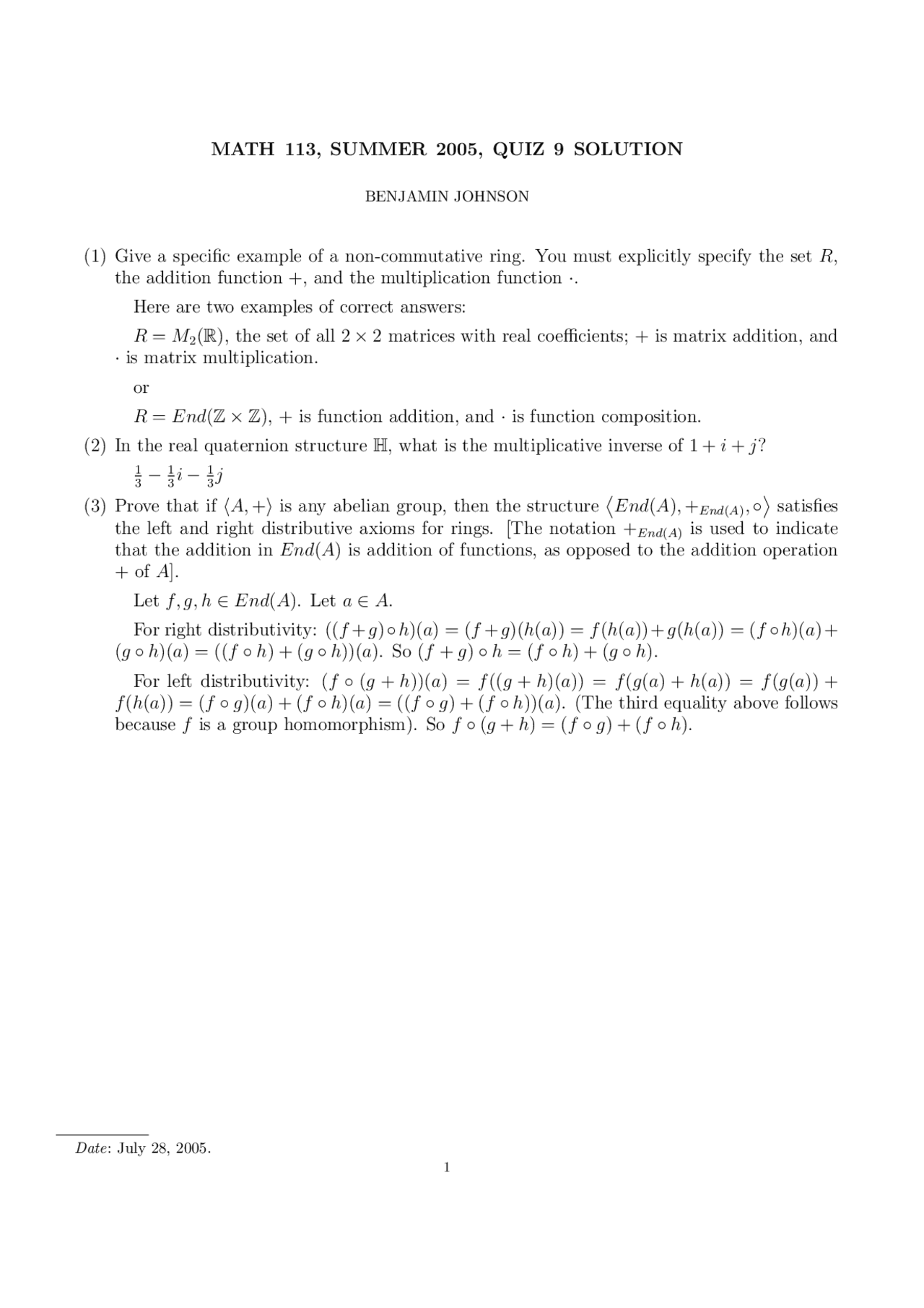 Introduction To Abstract Algebra Quiz 9 Solutions Math 113 Docsity