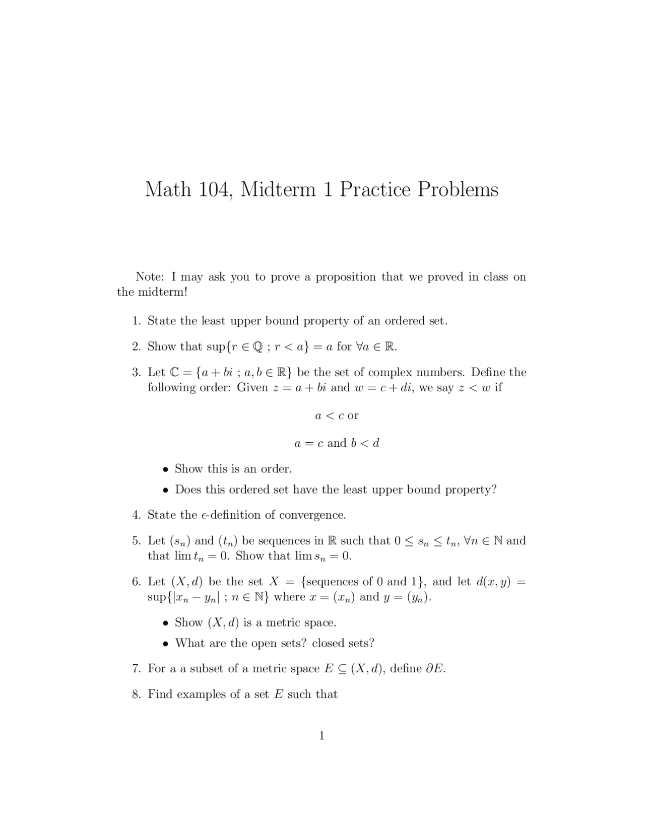 Midterm 1 Practice Problems Introduction To Analysis Math 104 Docsity