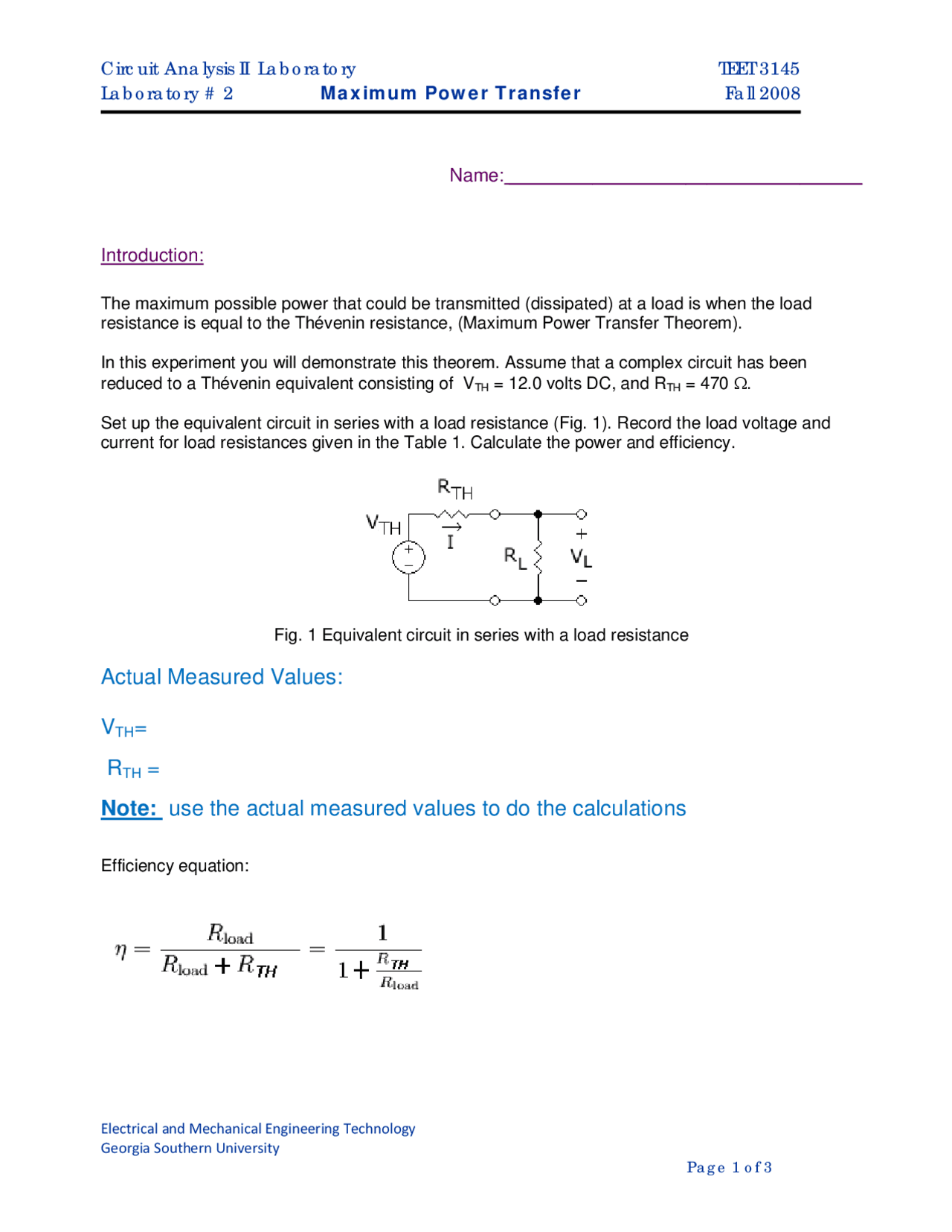 Maximum Power Transfer In Circuit Analysis Ii Lab 2 Teet 3145 Docsity