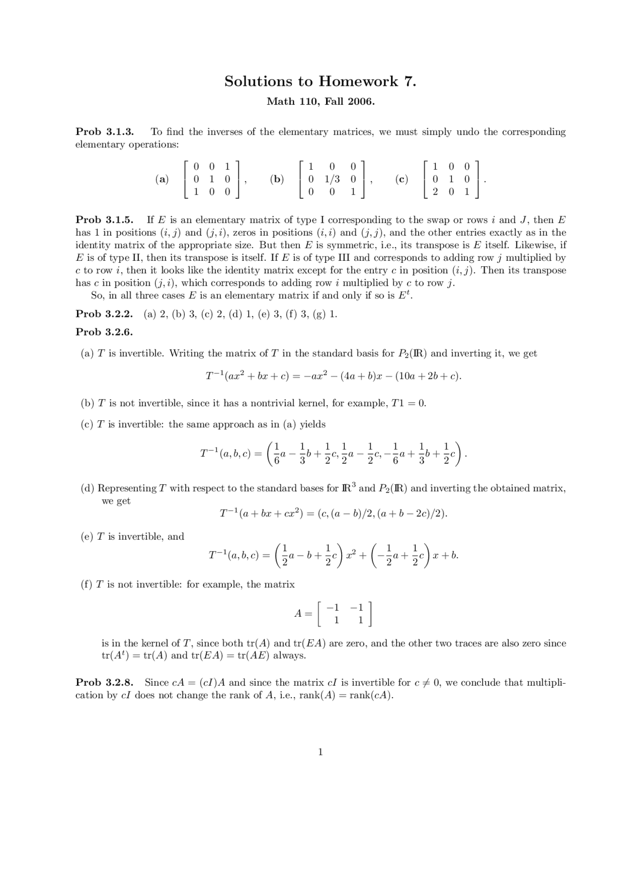 Solution to Homework 7 - Linear Algebra | MATH 110 - Docsity