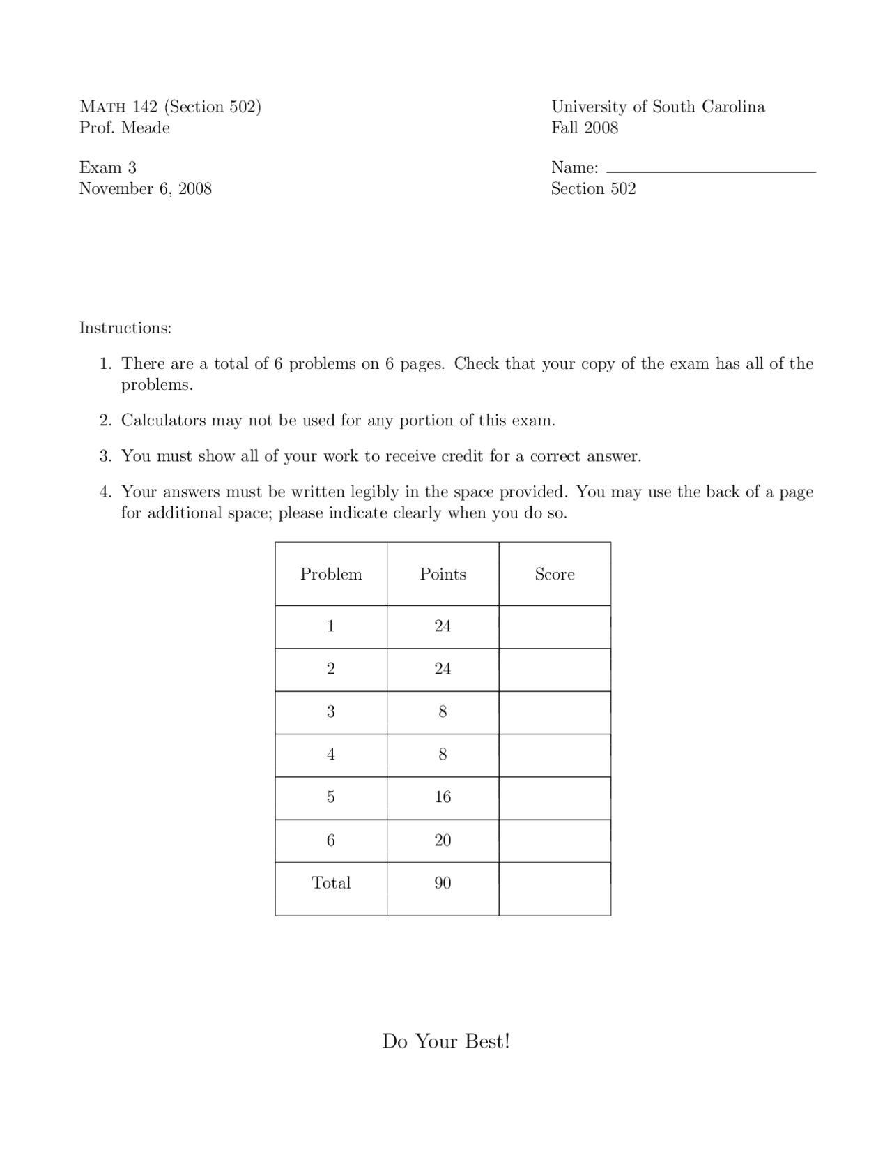 Calculus II - Sample Problems for Exam 3 | MATH 142 - Docsity