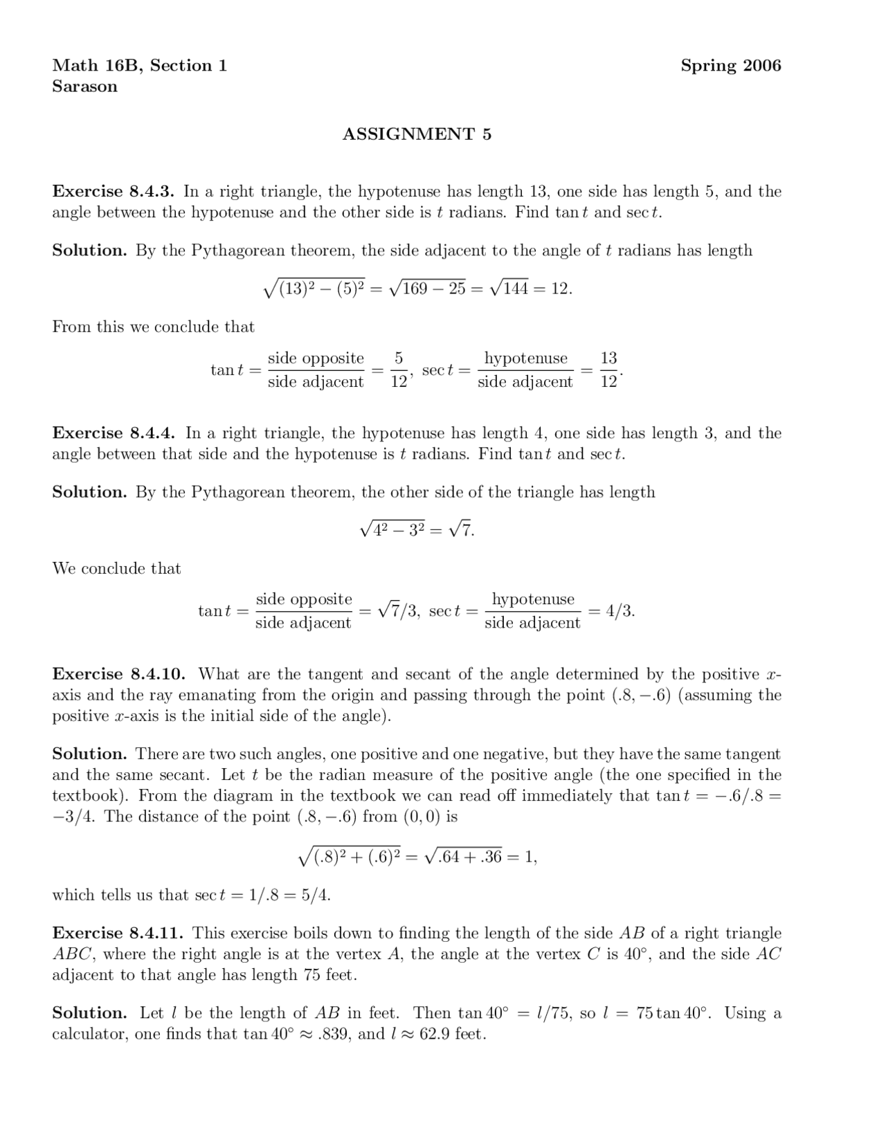 Math 16B, Section 1: Solutions to Exercises on Trigonometric Functions ...