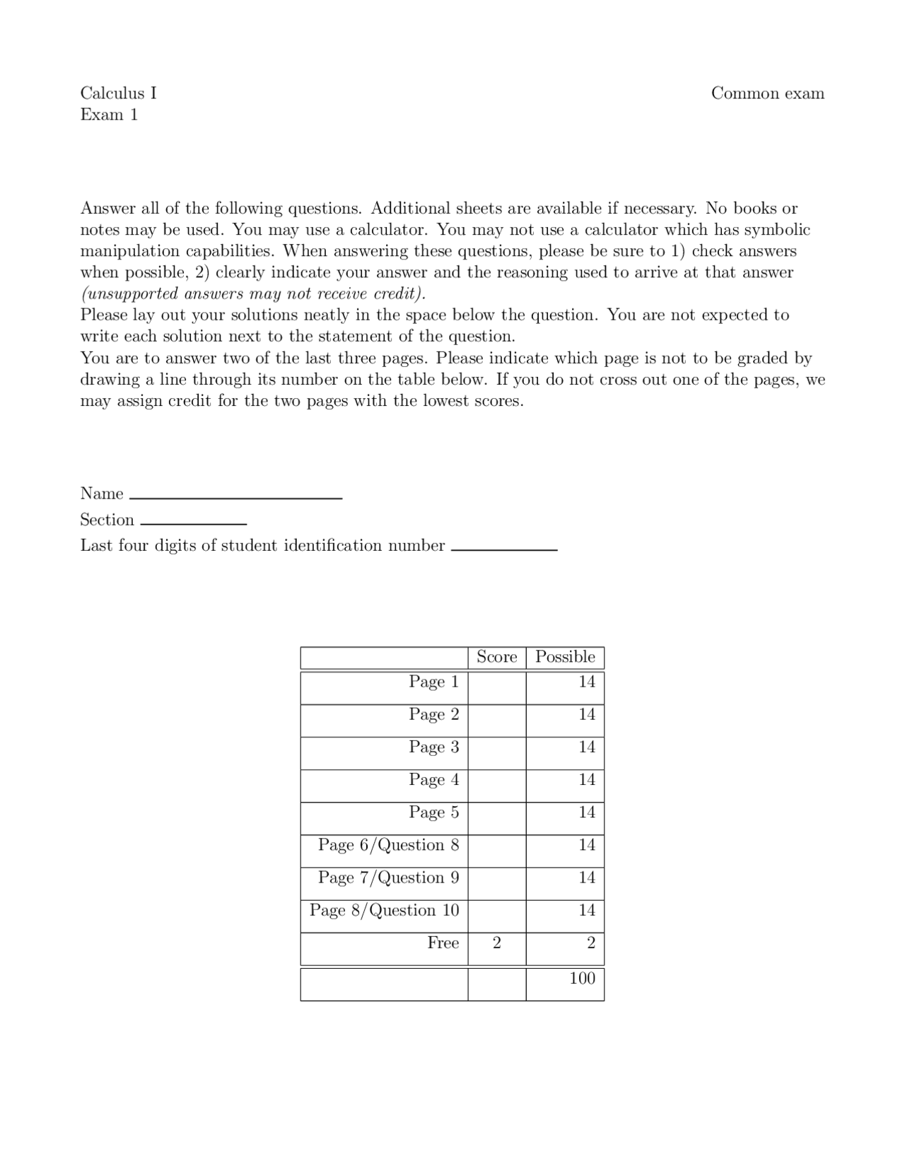 10 Questions On Calculus I Exam 1 Ma 113 Docsity