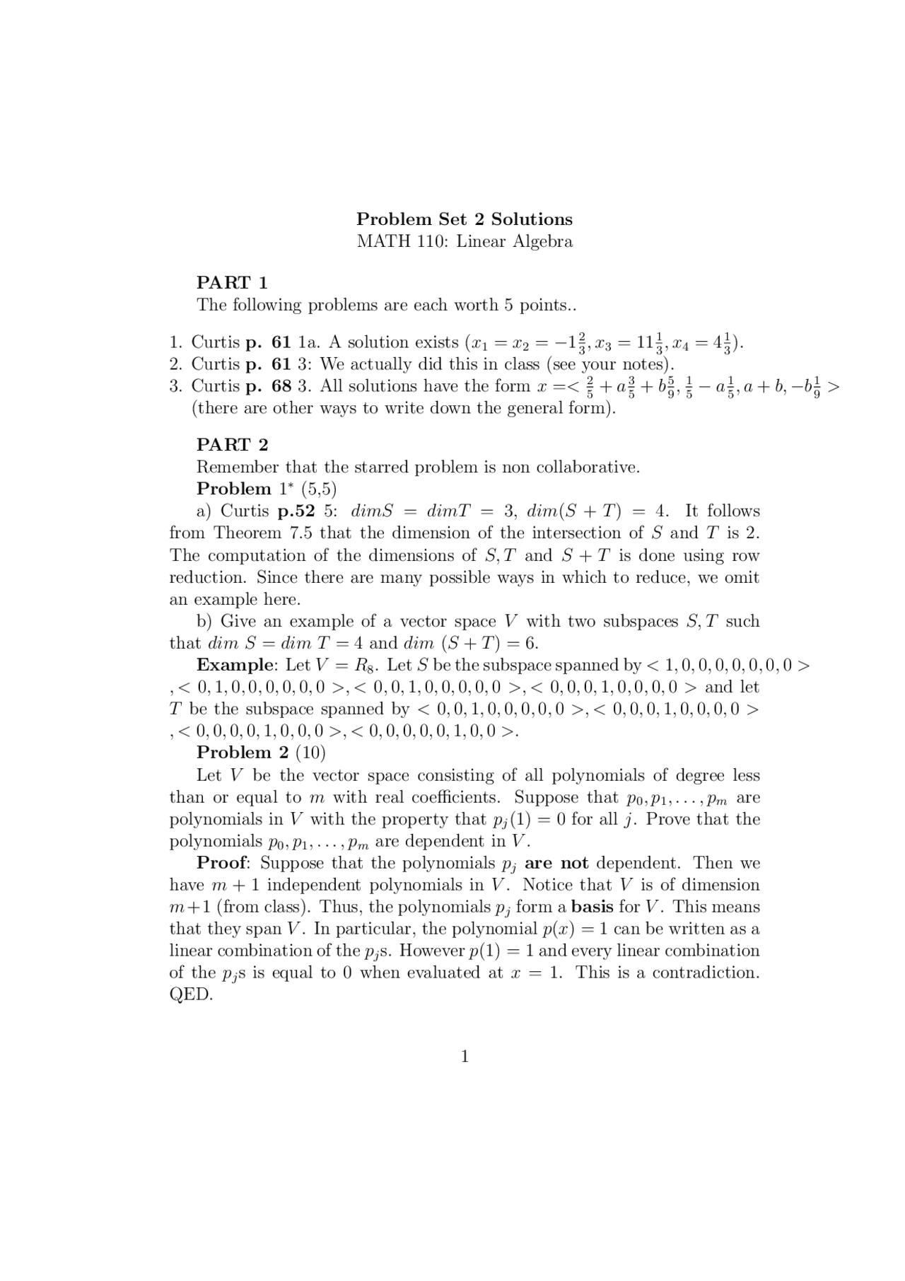 Problem Set 2 Solutions Linear Algebra Math 110 Docsity