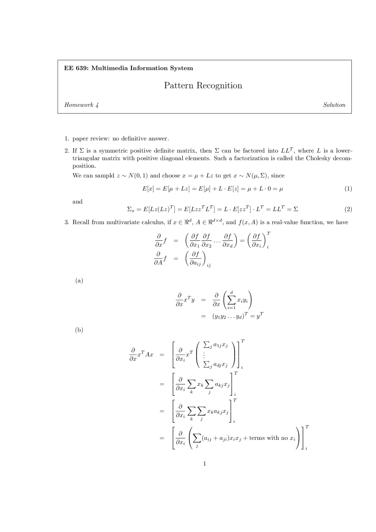 Assignment 4 with Solutions - Pattern Recognition | EE 639 - Docsity