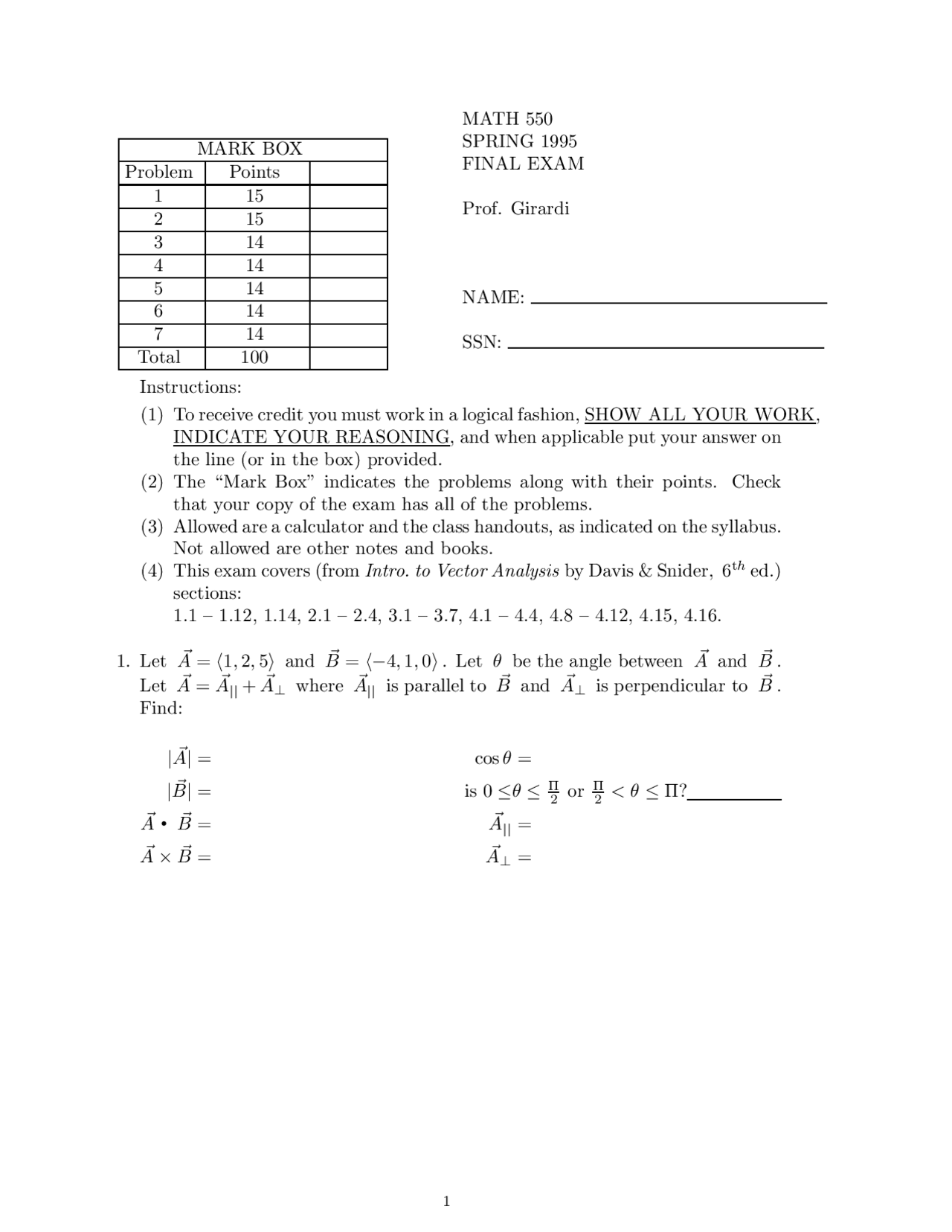 Final Exam For Vector Analysis Math 550 Docsity