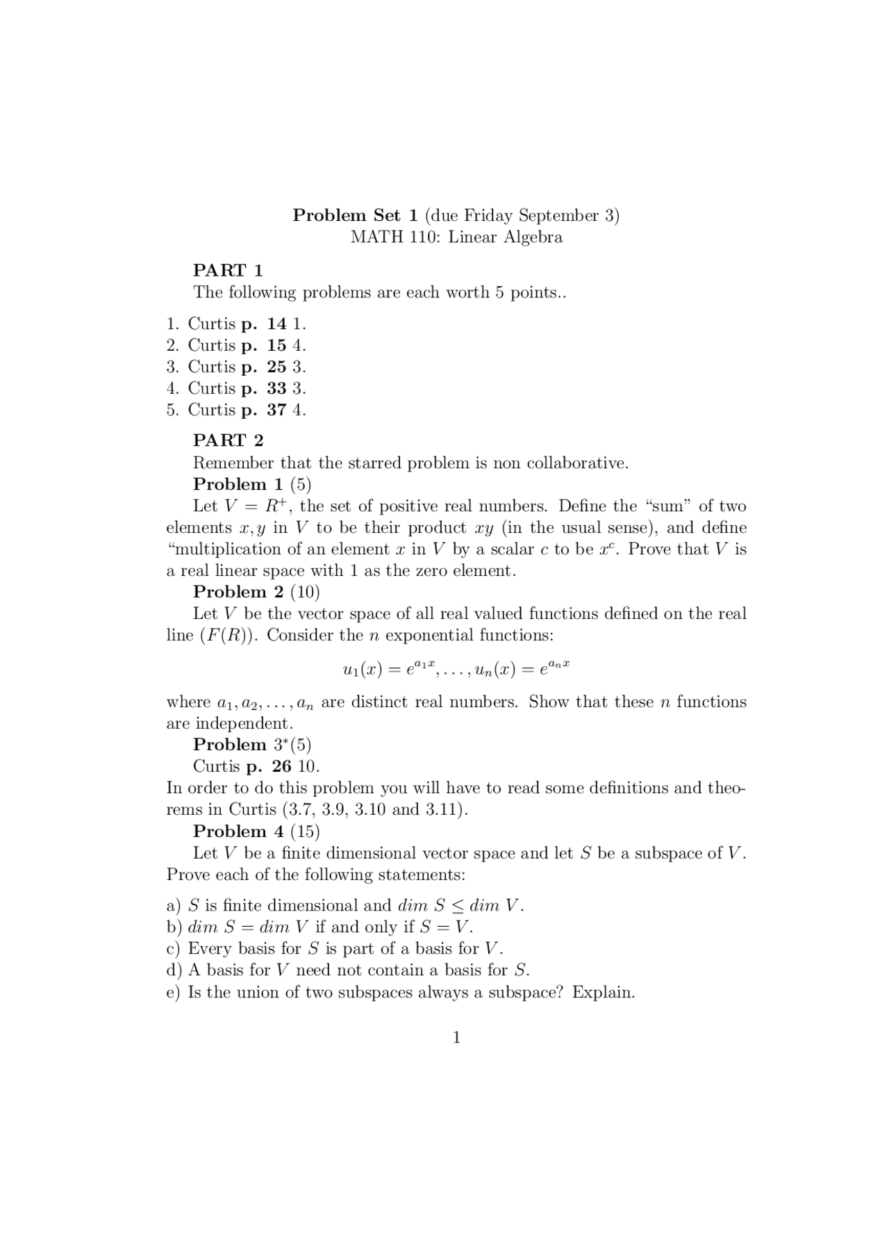 Linear Algebra Assignment 1 Questions Math 110 Docsity