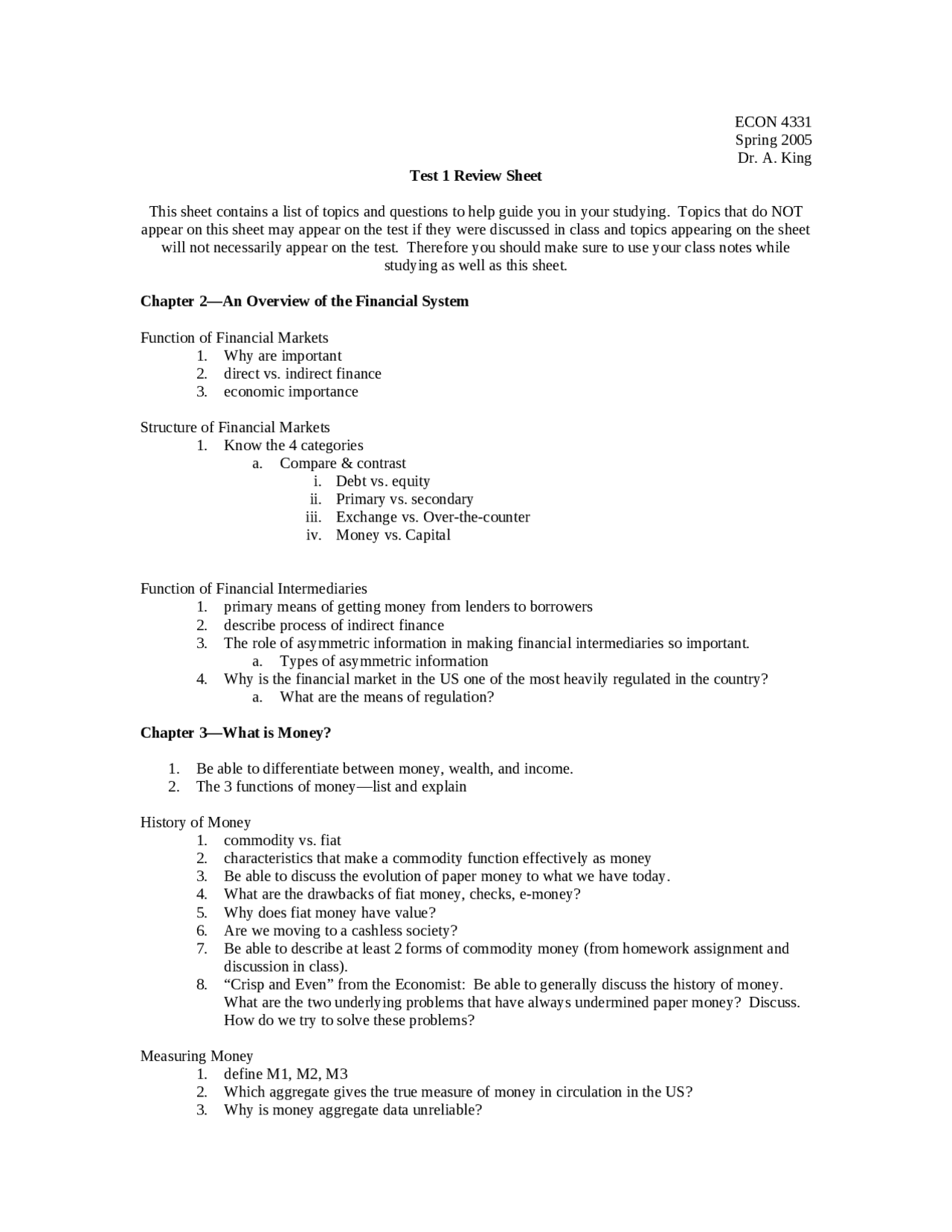 Money And Banking Test 1 Review Sheet Econ 4331 Docsity