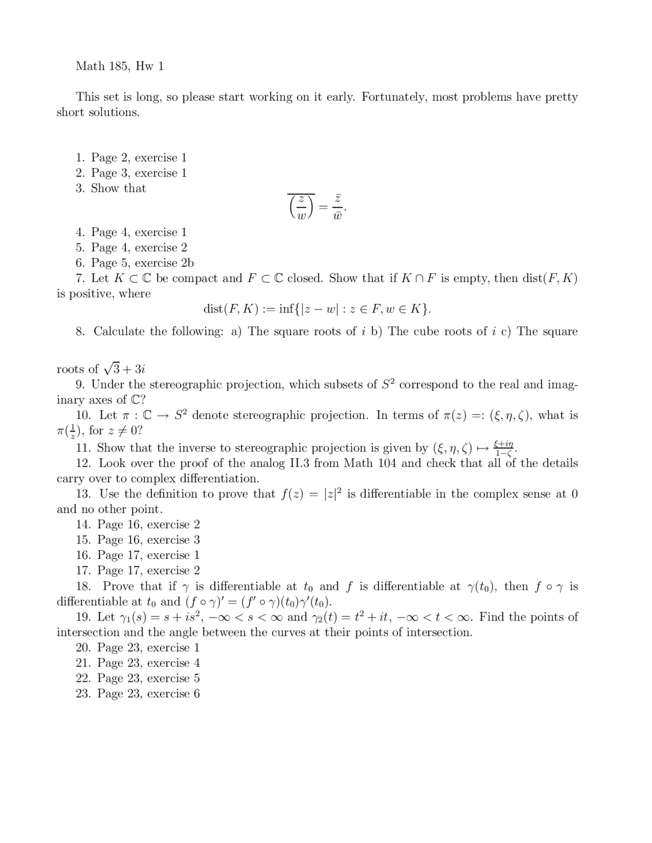 Introduction To Complex Analysis Homework 1 Questions Math 185