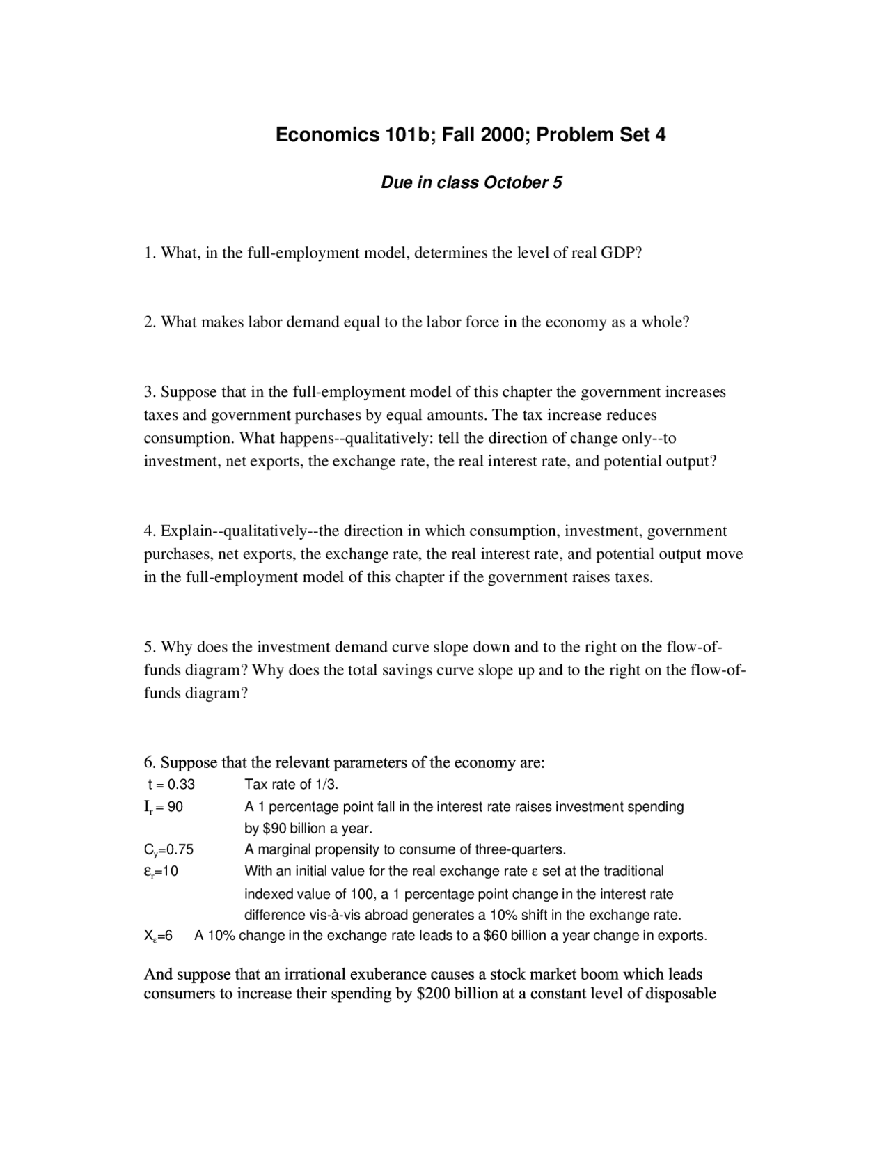 Macroeconomic Theory Problem Set 4 Econ 101b Docsity