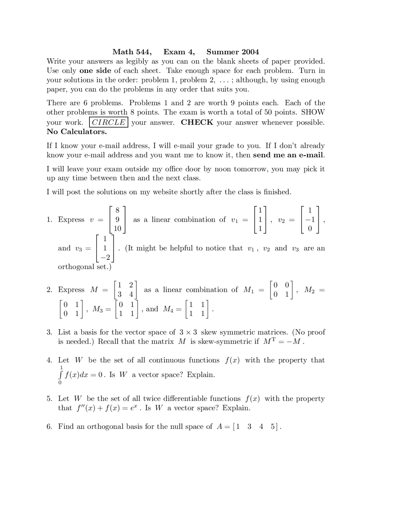 Linear Algebra Sample Exam 4 Questions Math 544 Docsity