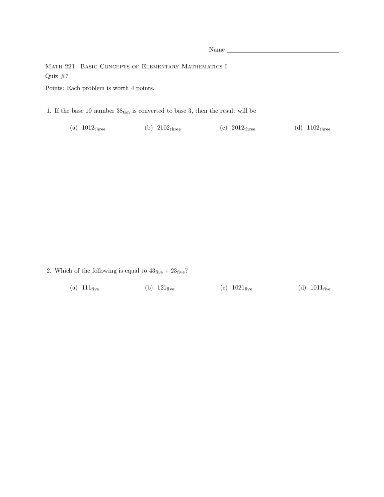 Quiz 7 Problems - Basic Concepts of Elementary Mathematics I | MATH 221 ...
