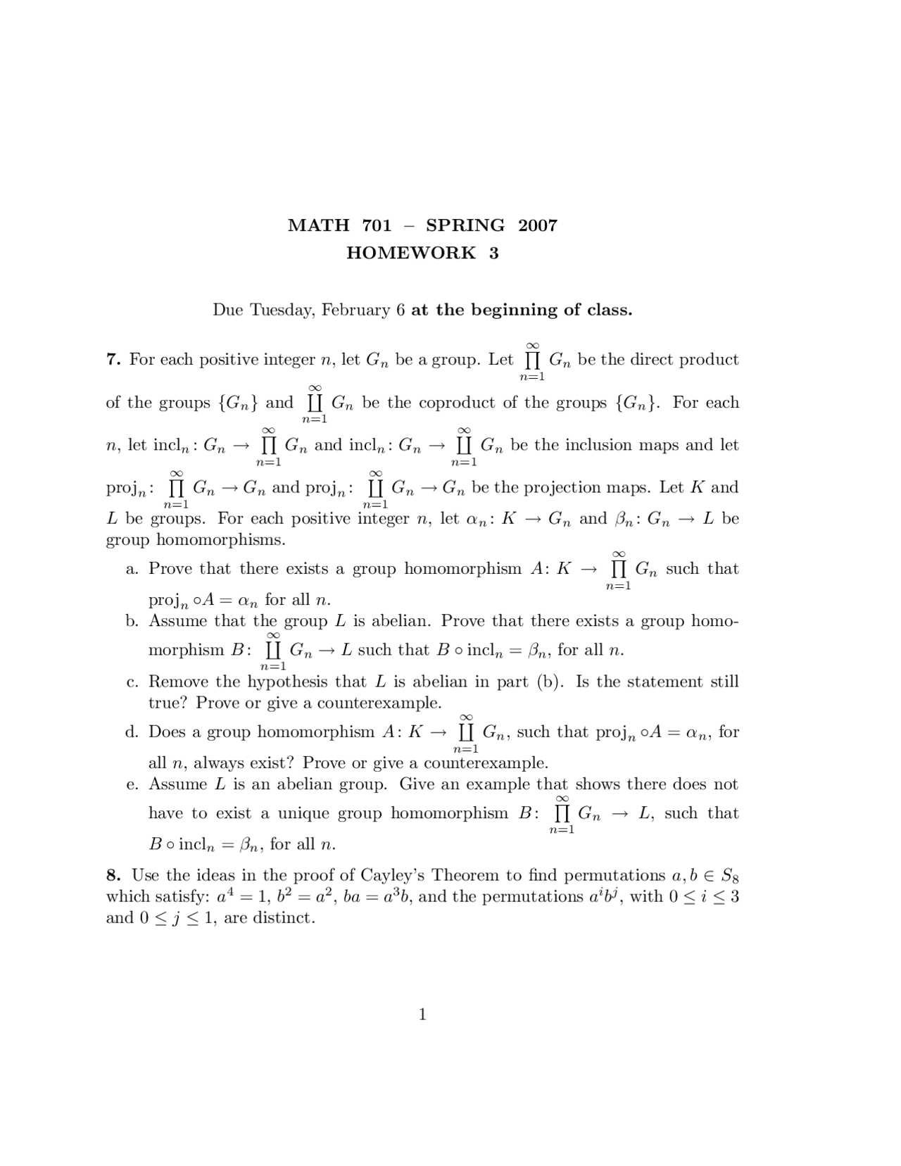 Homework 8 Questions - Algebra I - Spring 2007 | MATH 701 | Assignments Algebra | Docsity